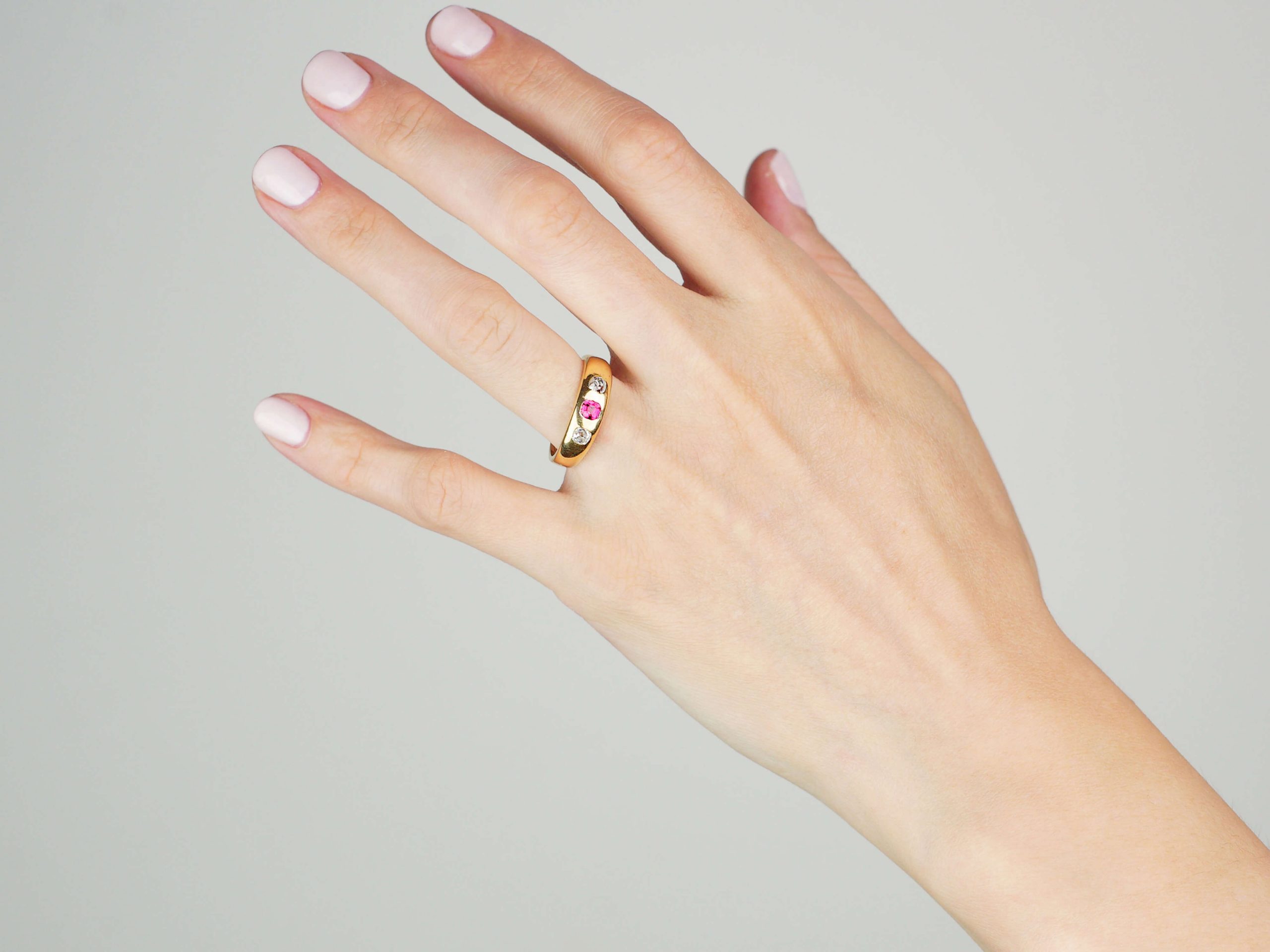 Edwardian 18ct Gold, Pink Sapphire & Diamond Three Stone Rub Over Ring ...