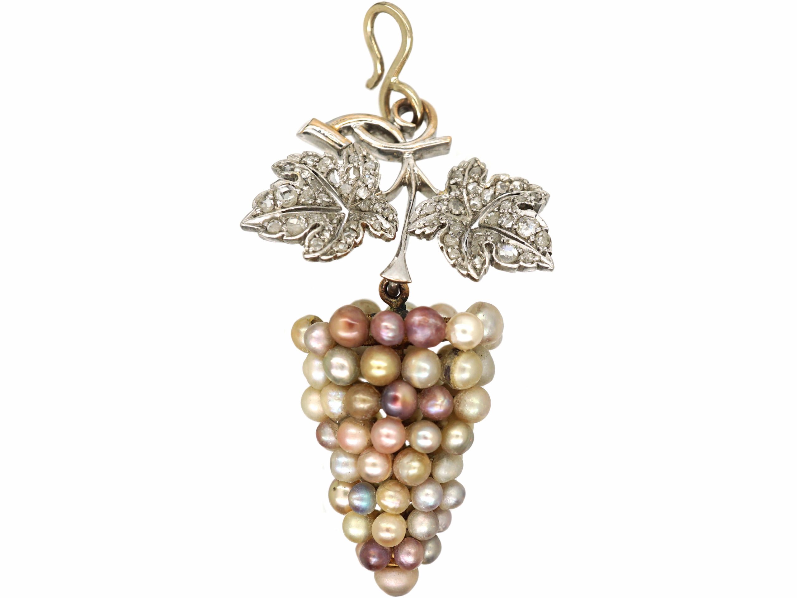 Edwardian Platinum, Diamond & Natural Pearls Grapes on the Vine Pendant ...