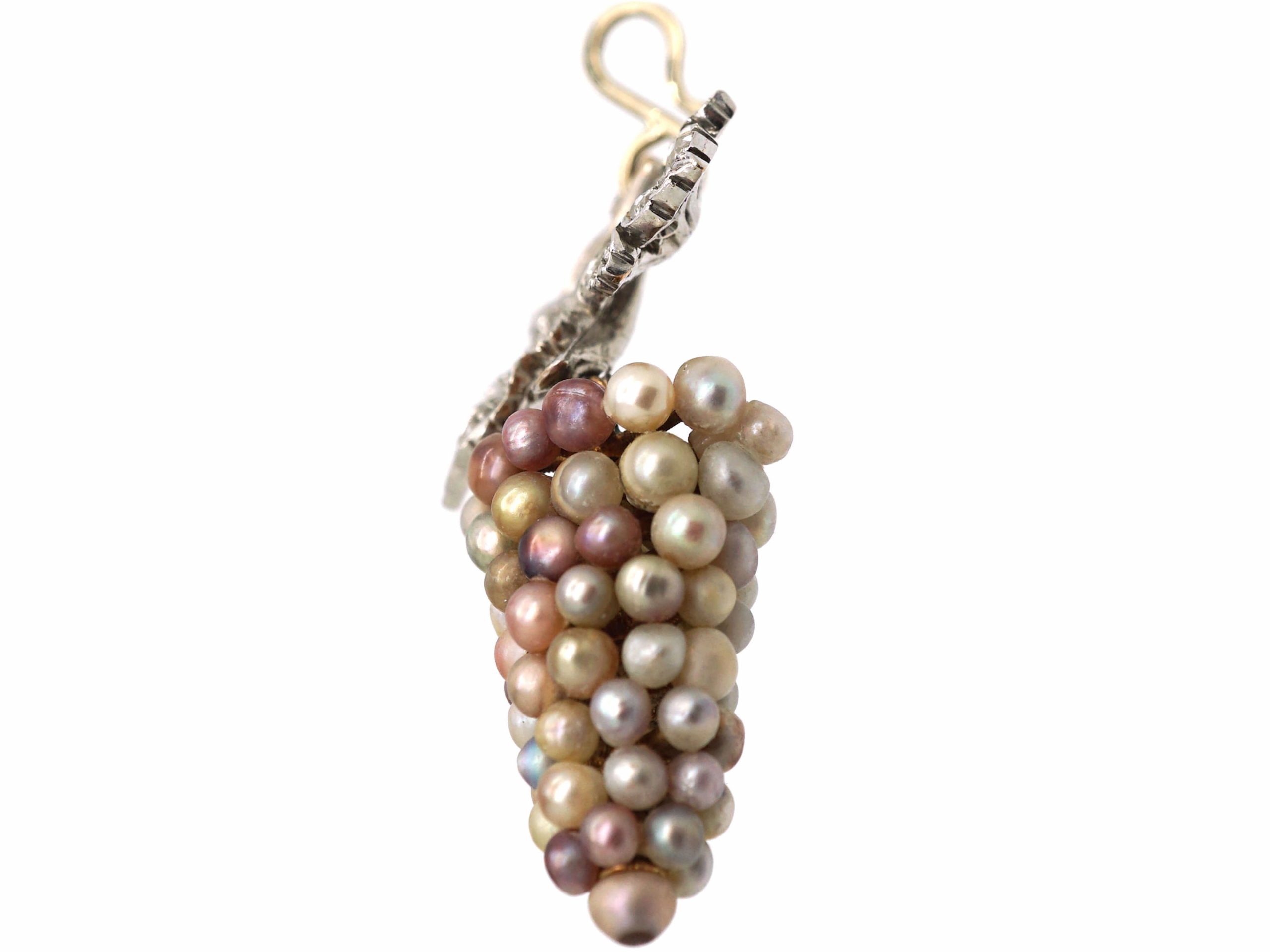 Edwardian Platinum, Diamond & Natural Pearls Grapes on the Vine Pendant ...