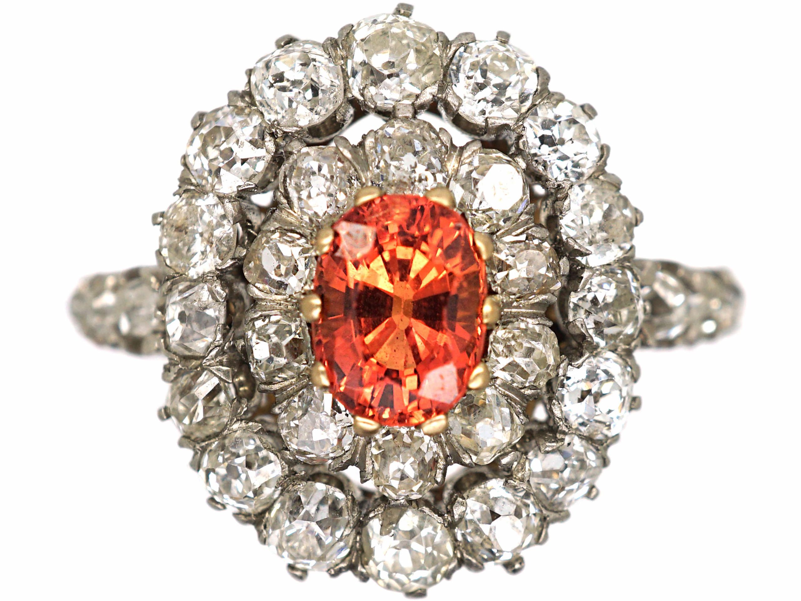 Edwardian 18ct Gold, Orange Sapphire and Diamond Cluster Ring with ...