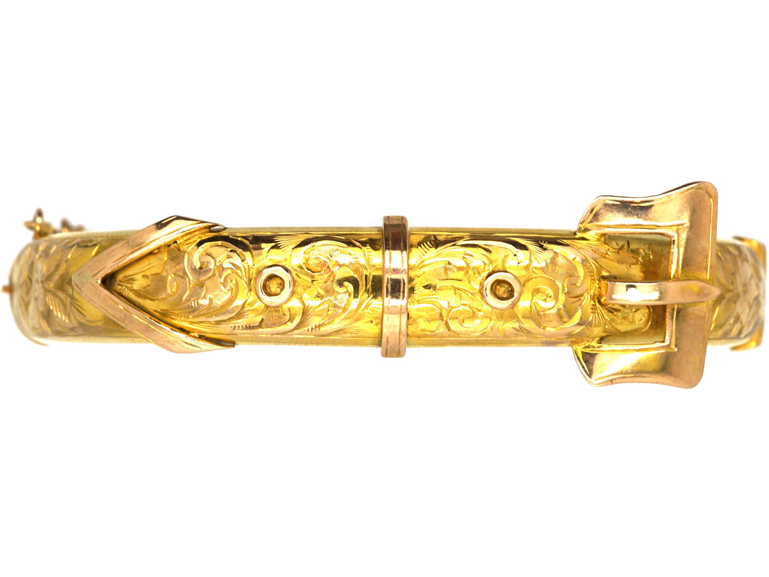9ct Gold Buckle Bangle with Engraved Flower & Detail Assayed in 1918 ...