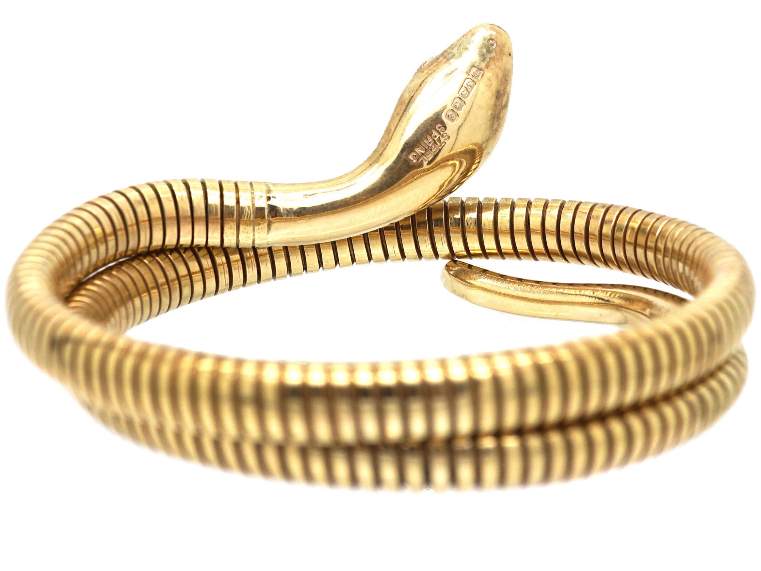 9ct Gold Snake Bangle with Emerald Eyes (147S) | The Antique Jewellery ...