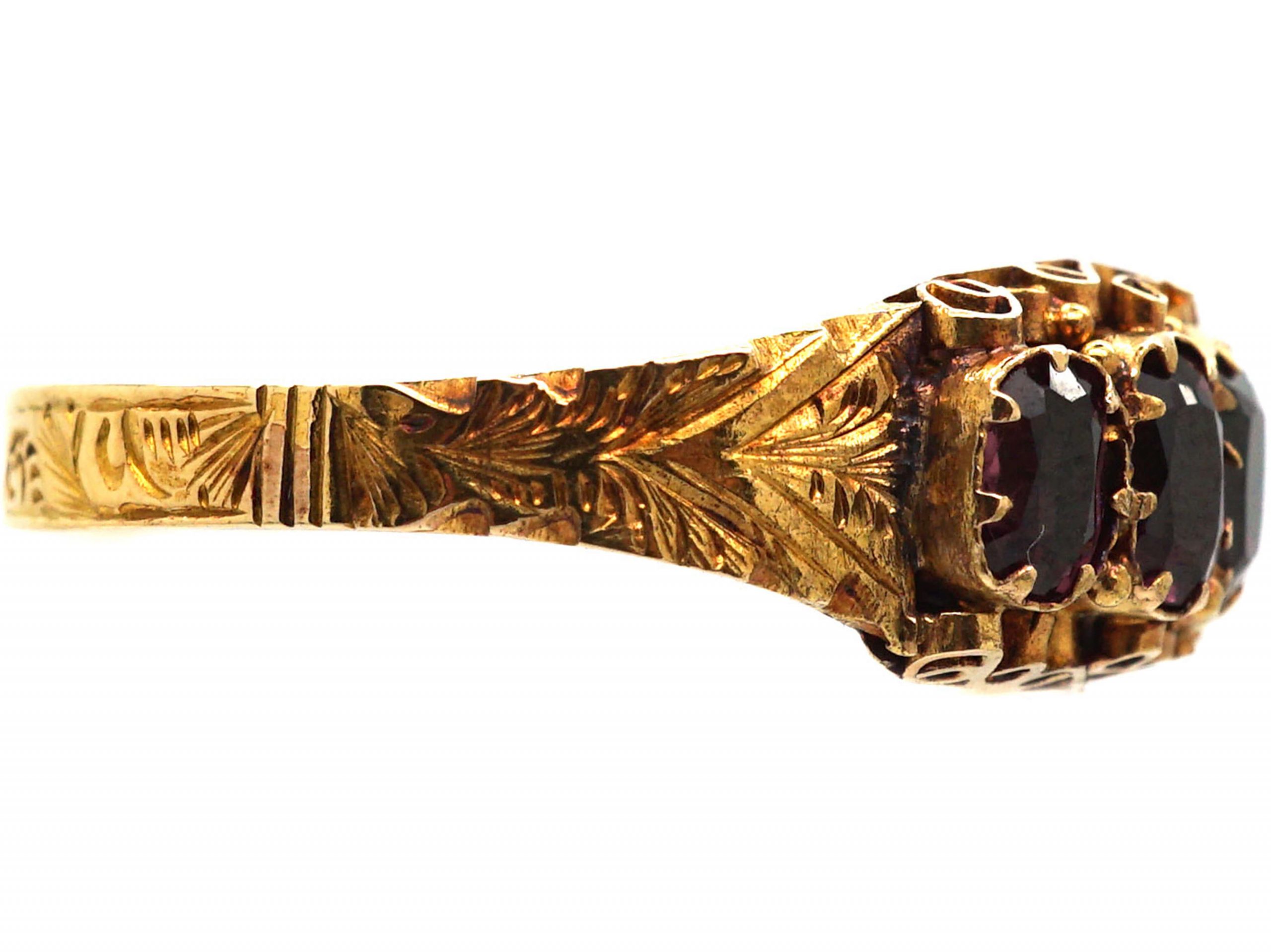 Victorian 15ct Gold, Five Stone Almandine Garnet Ring with Engraved ...