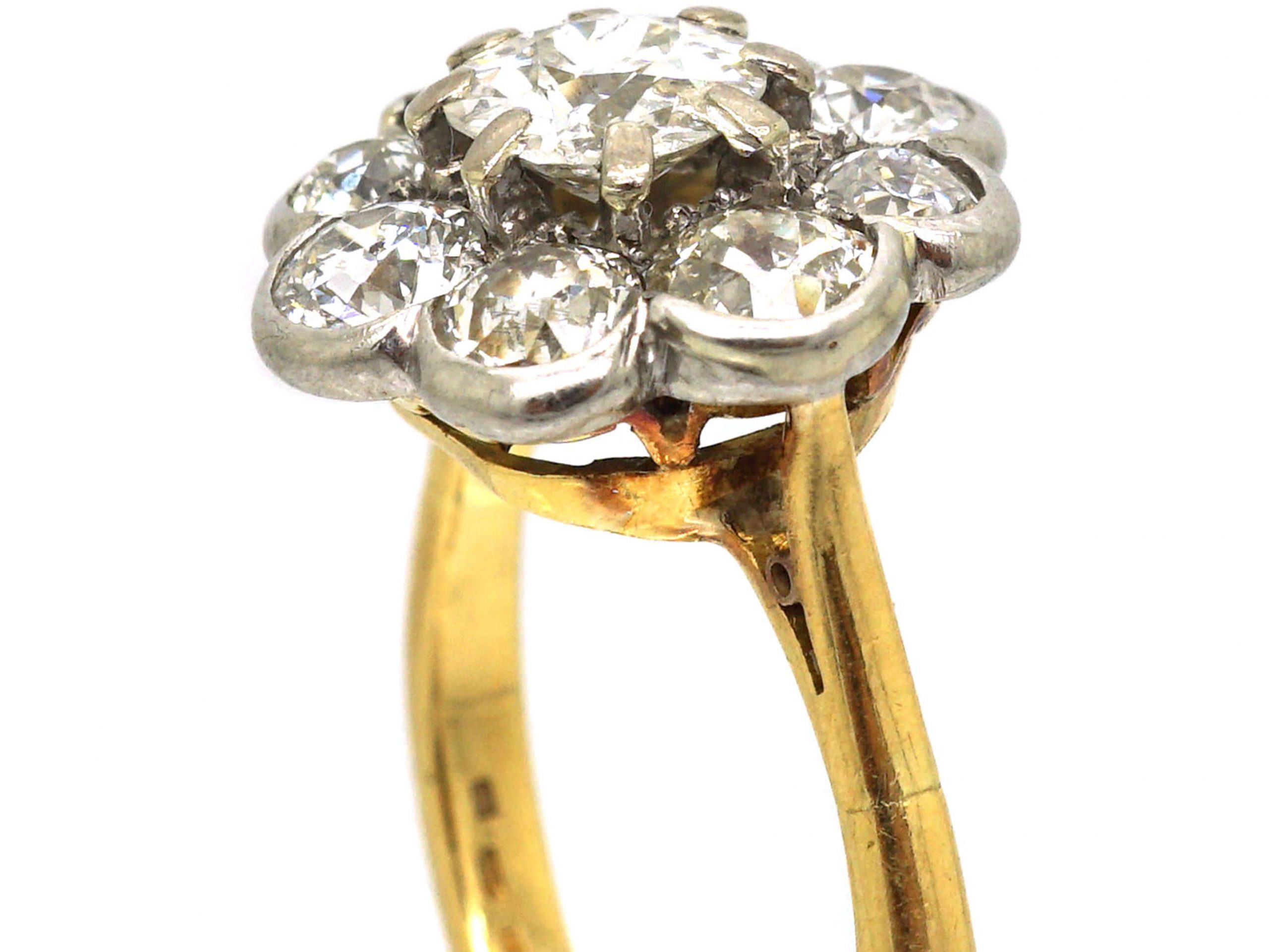 Edwardian 18ct Gold Large Rub Over Set Diamond Daisy Cluster Ring (160S ...