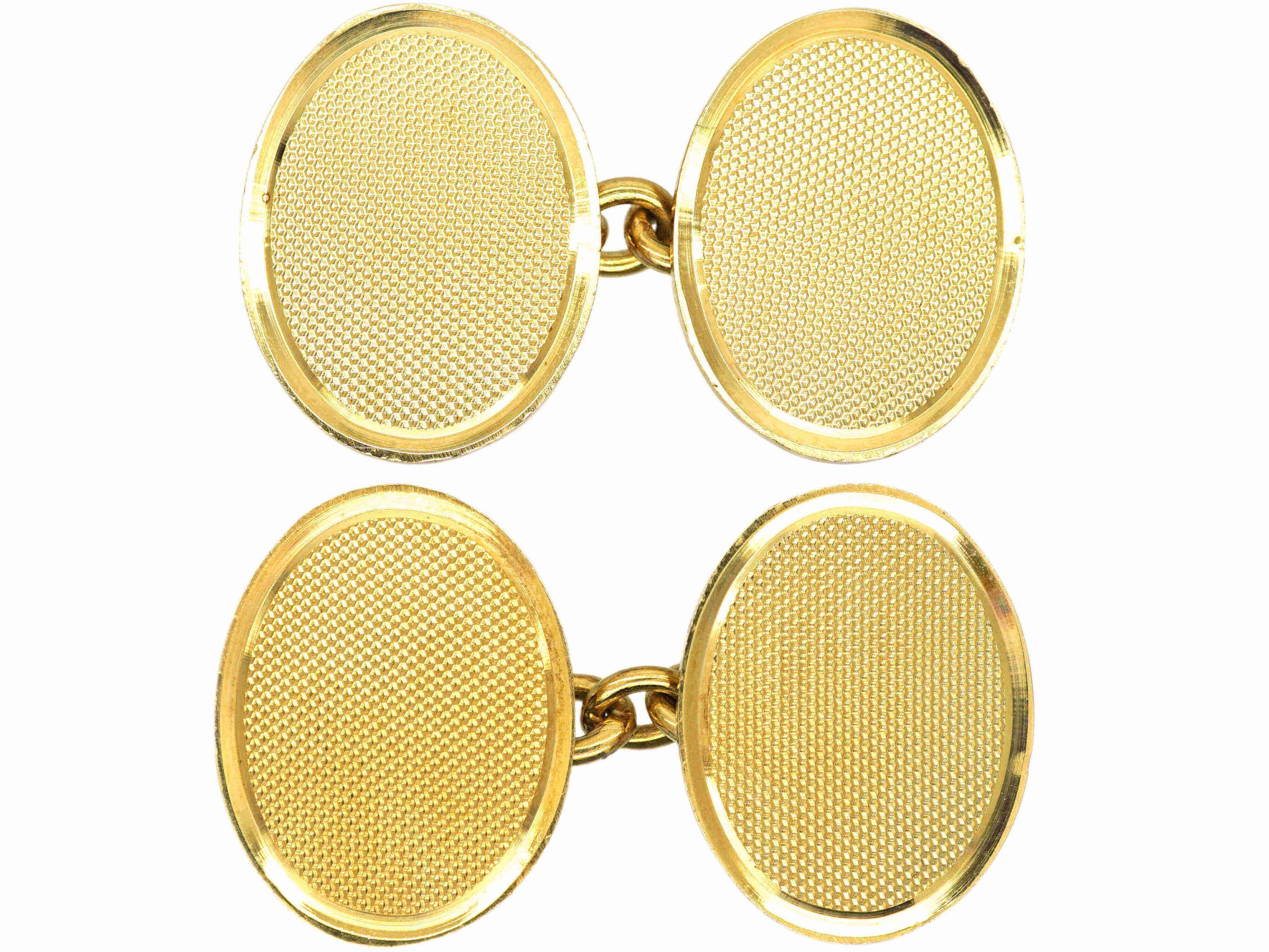 18ct Gold Oval Shaped Cufflinks with Engine Turned Decoration by Cropp ...