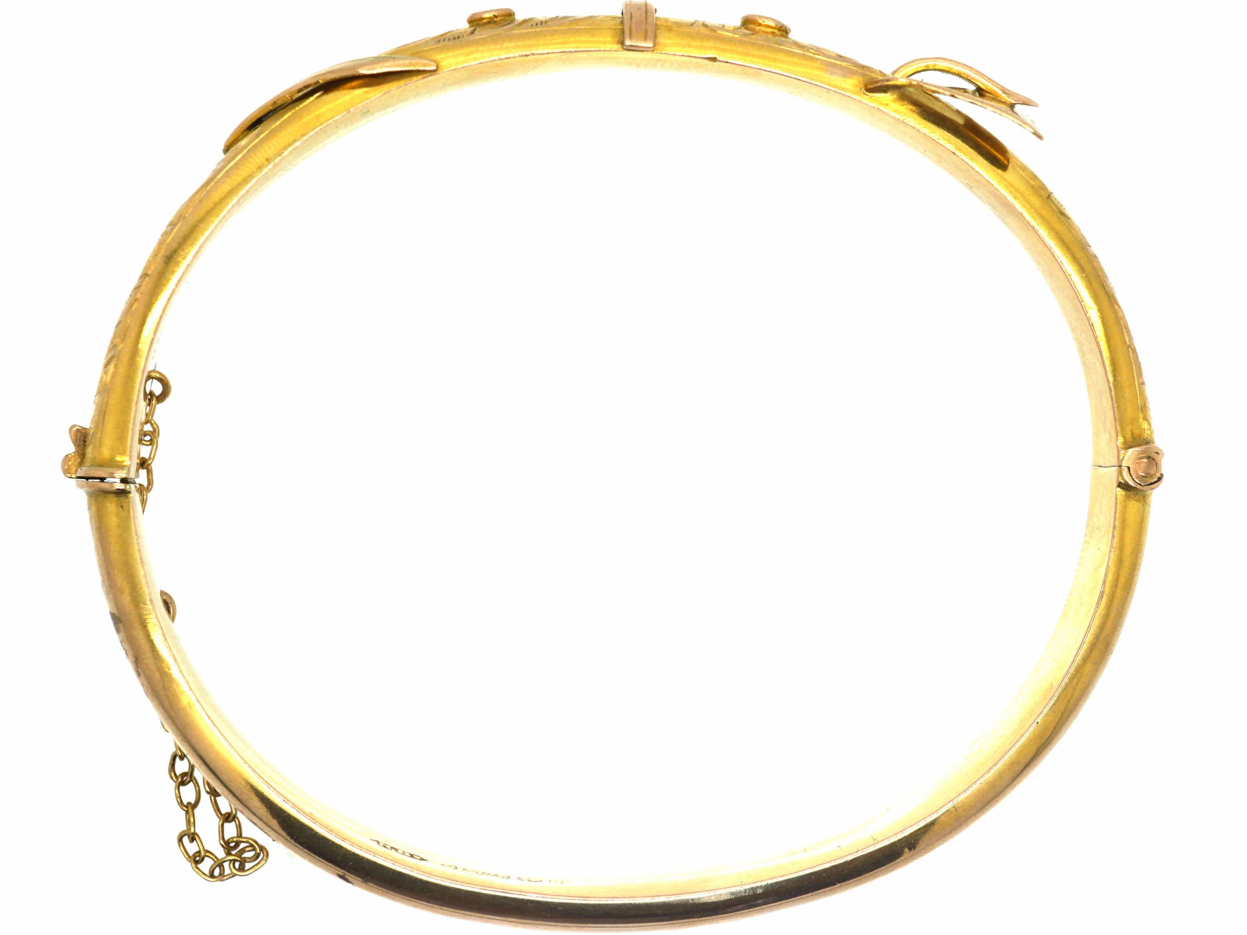 9ct Gold Buckle Bangle with Engraved Flower & Detail Assayed in 1918 ...