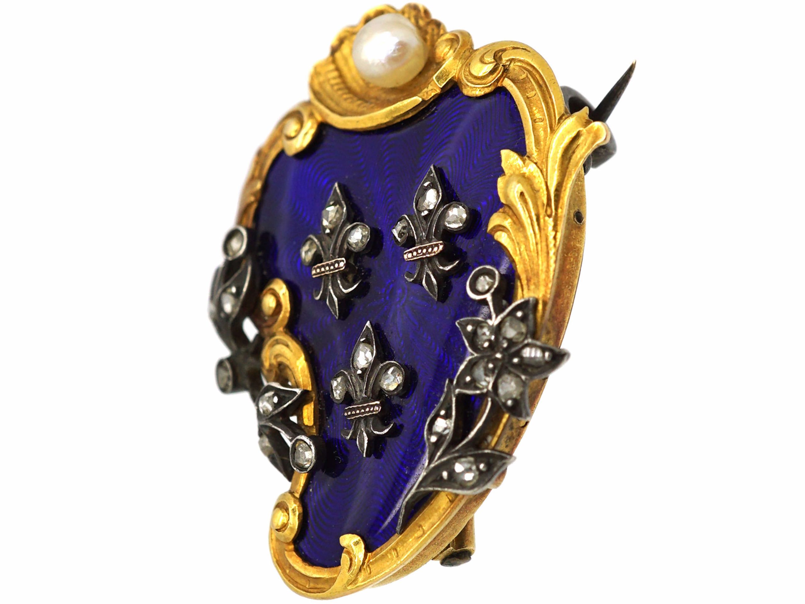 French Regency Gold, Pearl, Diamond and Enamel Heraldic Shield Brooch ...