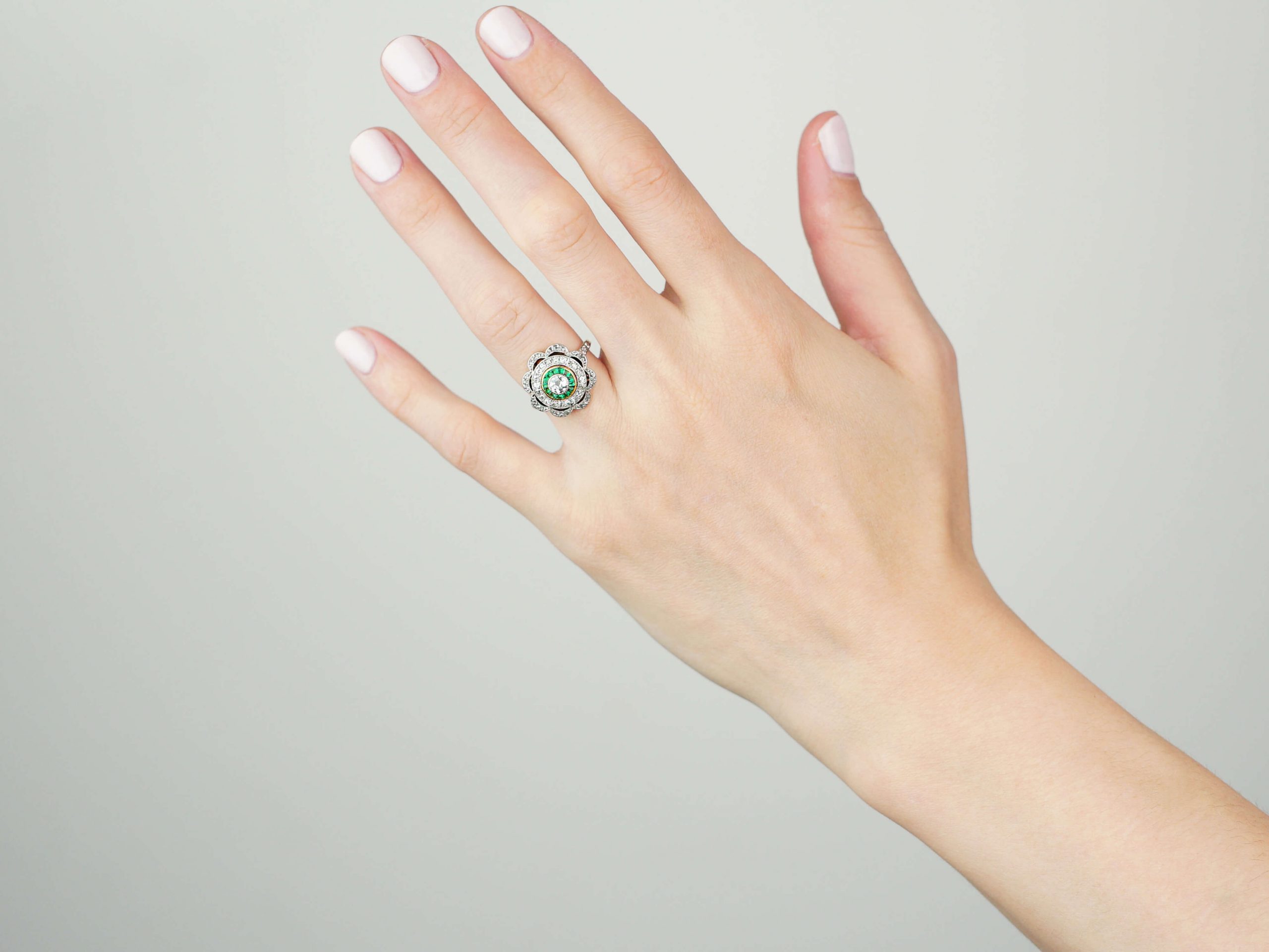 Art Deco 18ct Gold and Platinum, Emerald and Diamond Target Ring with ...