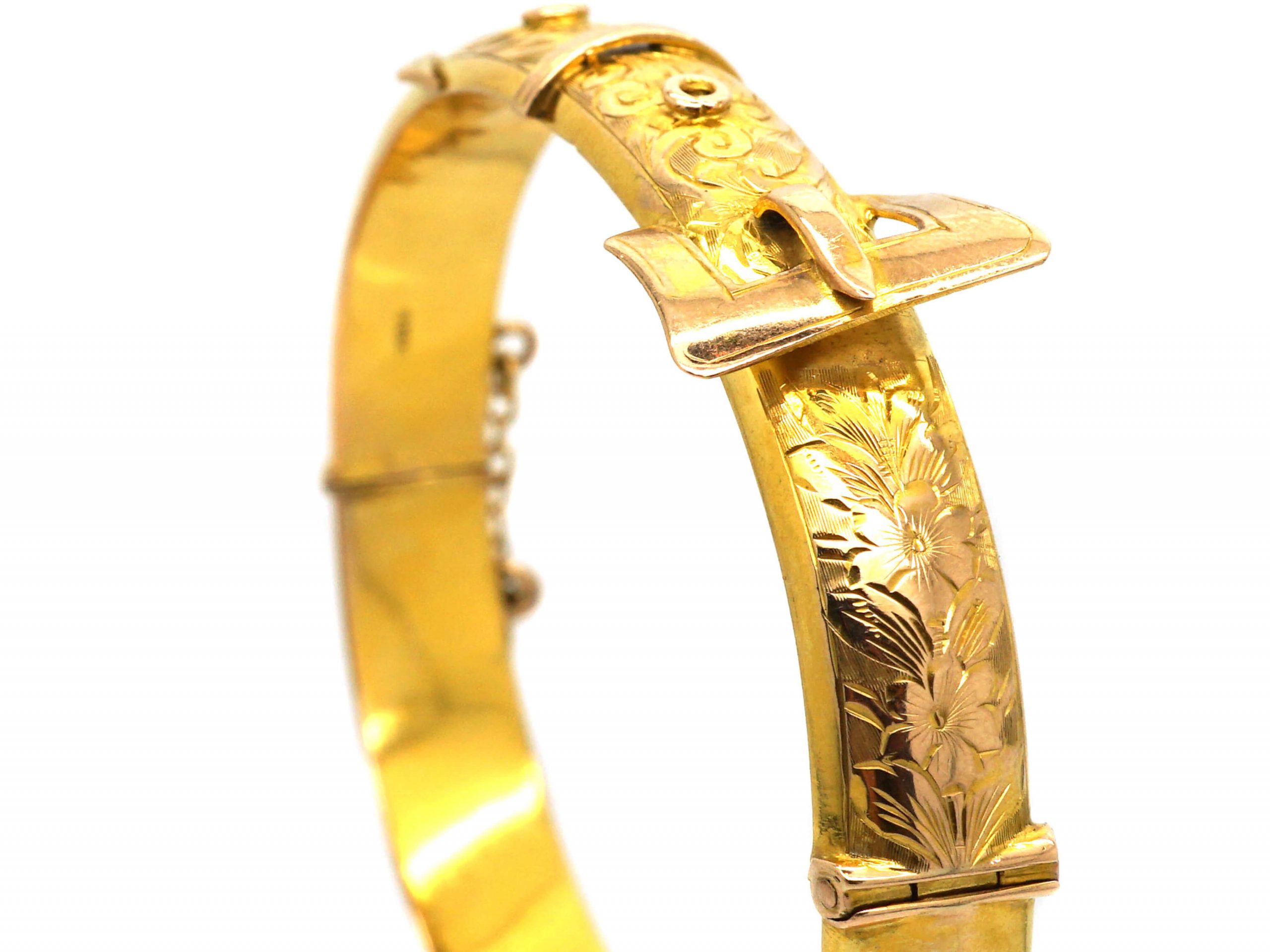 9ct Gold Buckle Bangle with Engraved Flower & Detail Assayed in 1918 ...