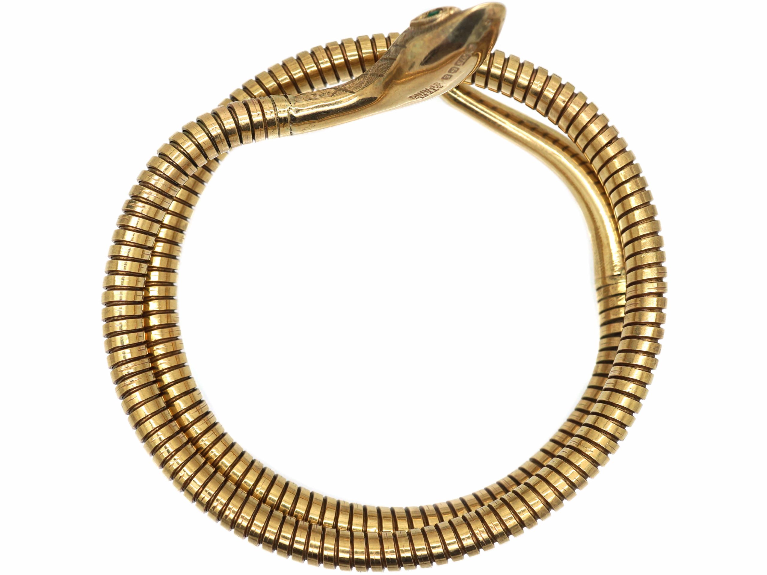 9ct Gold Snake Bangle with Emerald Eyes (147S) | The Antique Jewellery ...