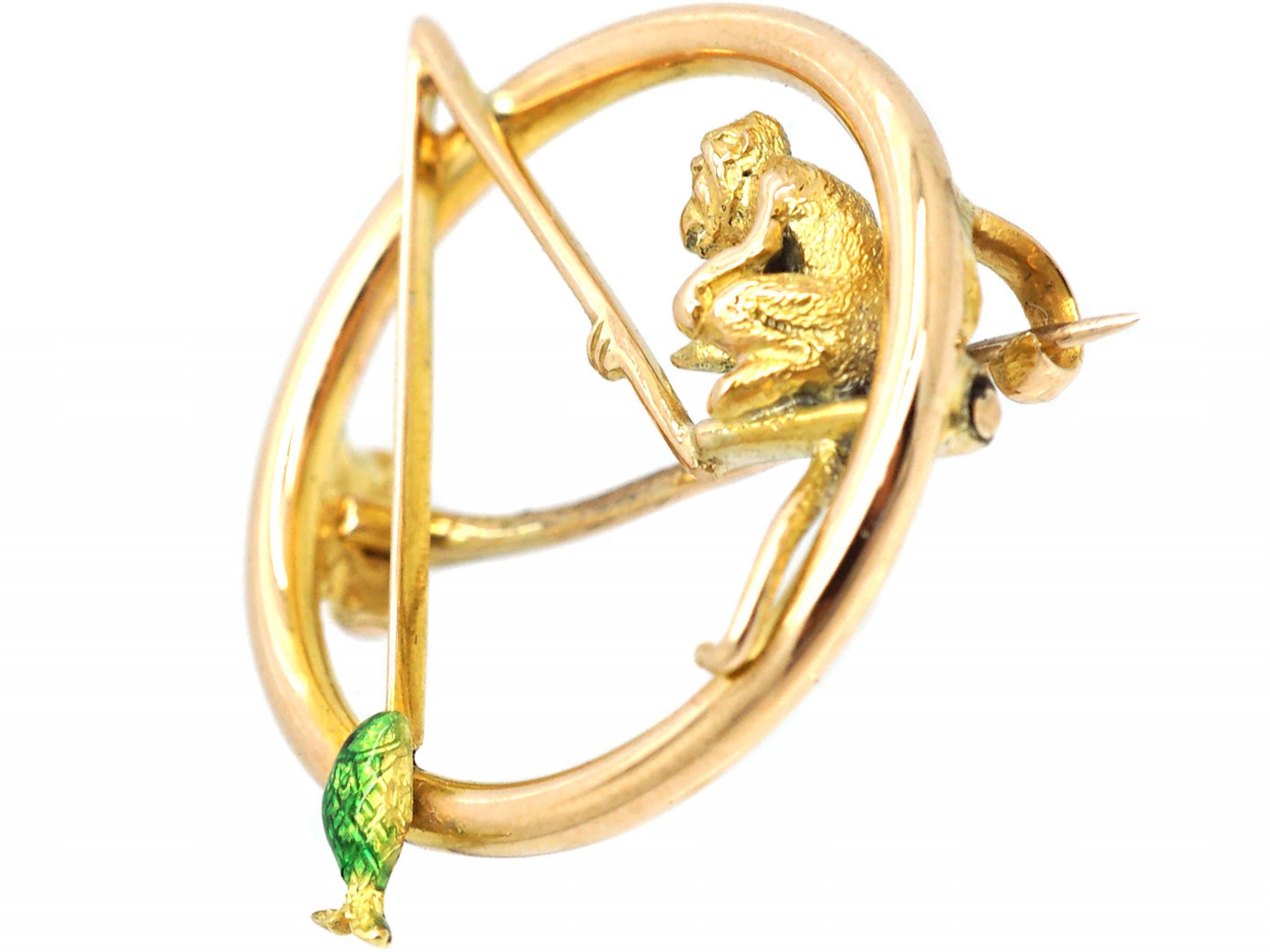 Edwardian 15ct Gold Monkey & Fish Novelty Brooch (392S) | The Antique ...