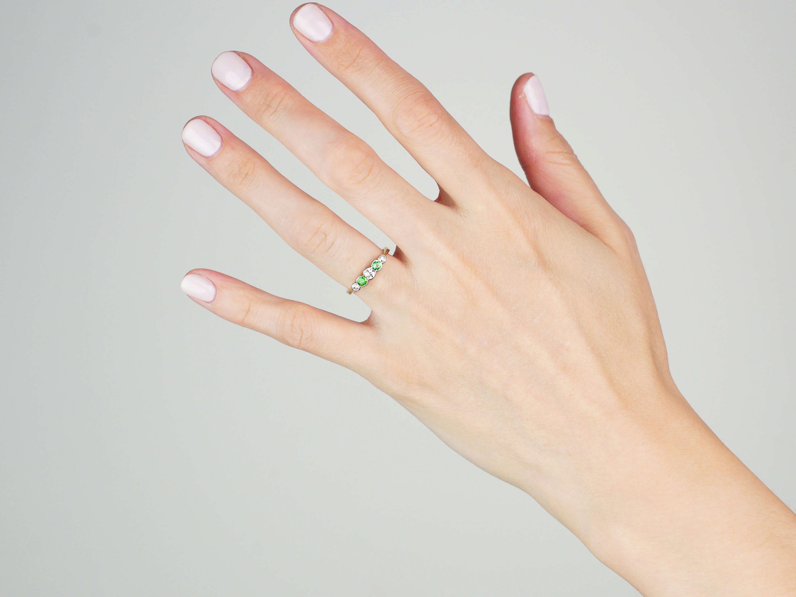 Edwardian 18ct Gold, Rub Over Set Green Garnet & Diamond Five Stone ...