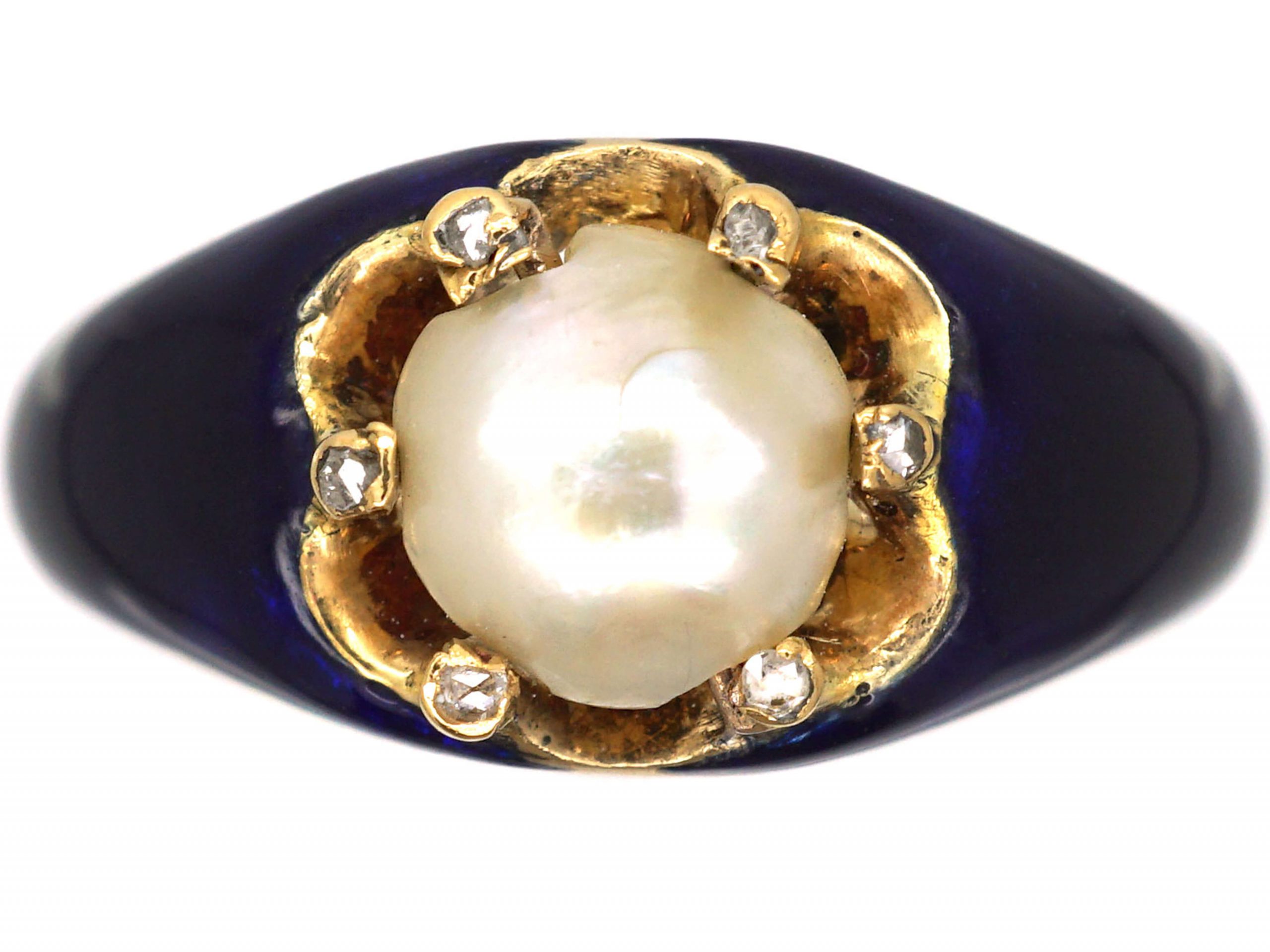 Victorian 18ct Gold, Blue Enamel, Rose Diamond & Natural Pearl Ring ...