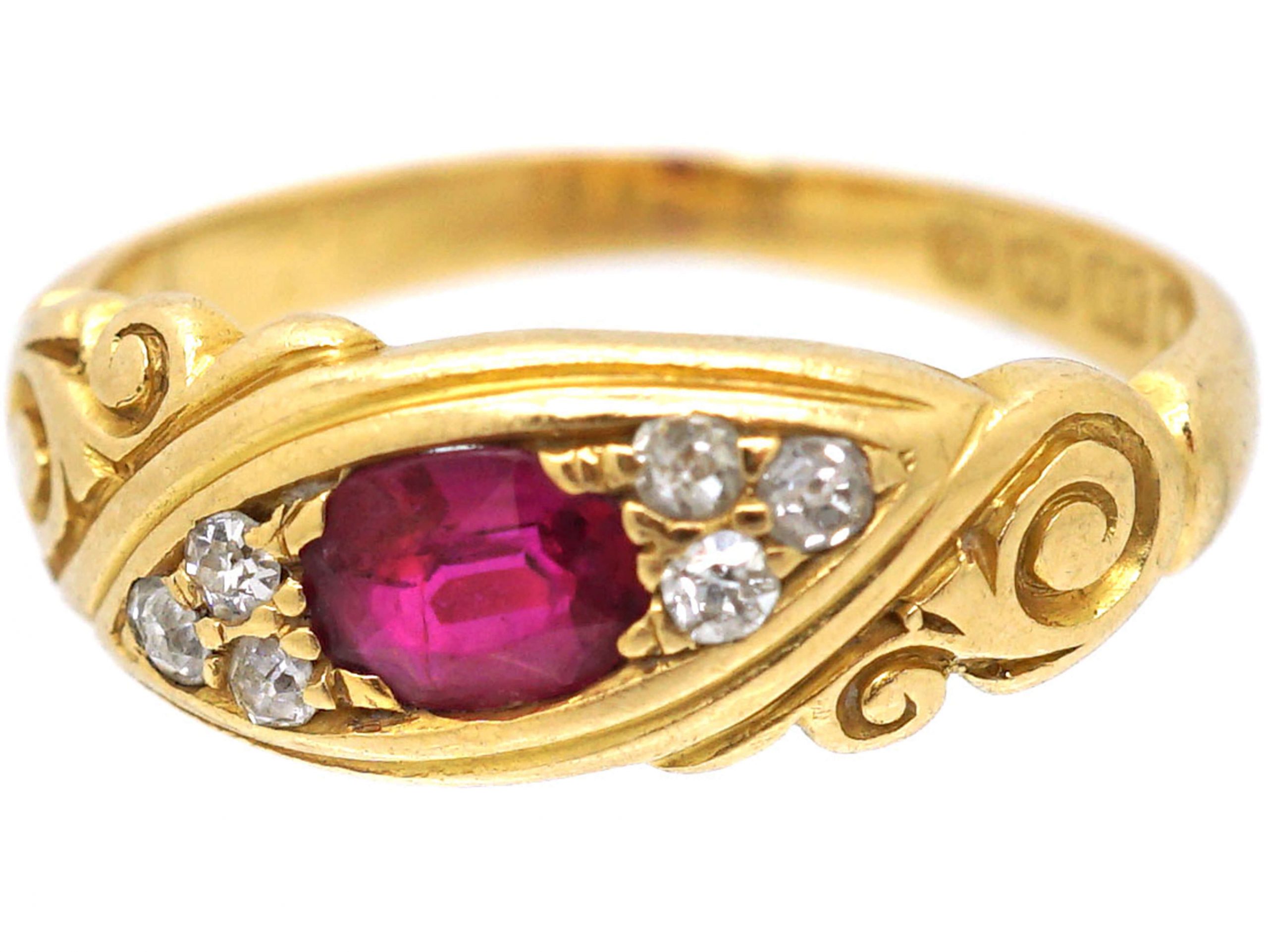 Edwardian 18ct Gold, Burma Ruby and Diamond Scroll Ring (245S) | The Antique Jewellery Company