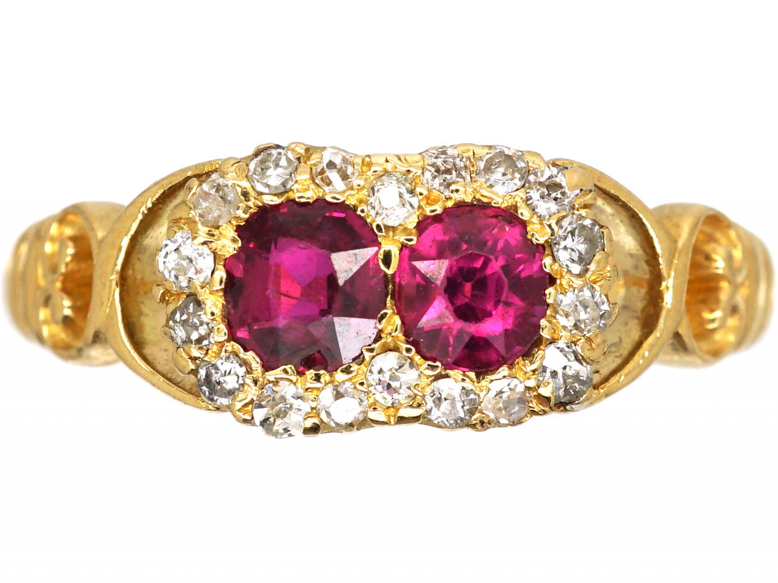 Edwardian 18ct Gold, Ruby and Diamond Conjoined Double Cluster Ring ...