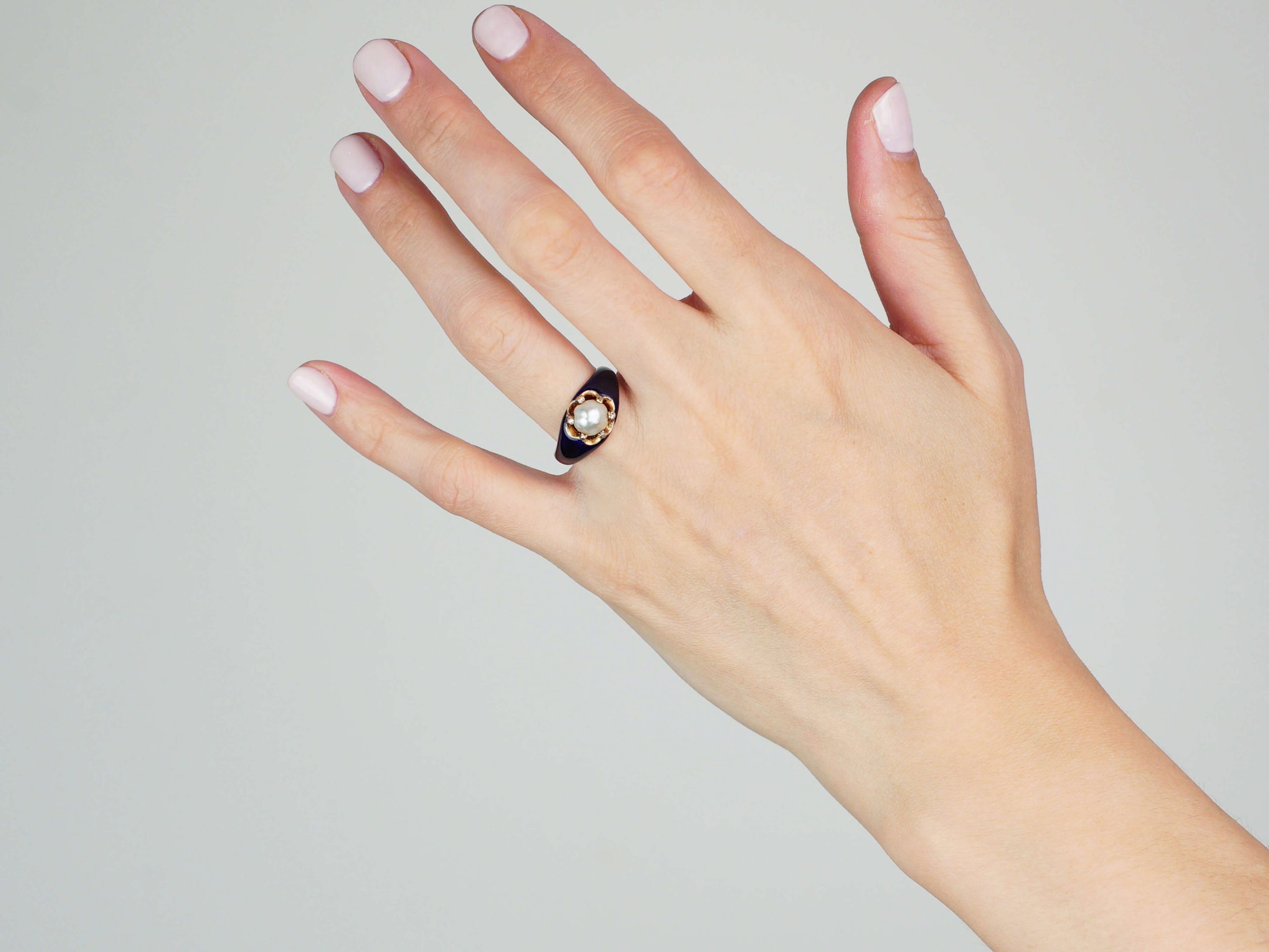 Victorian 18ct Gold, Blue Enamel, Rose Diamond & Natural Pearl Ring ...