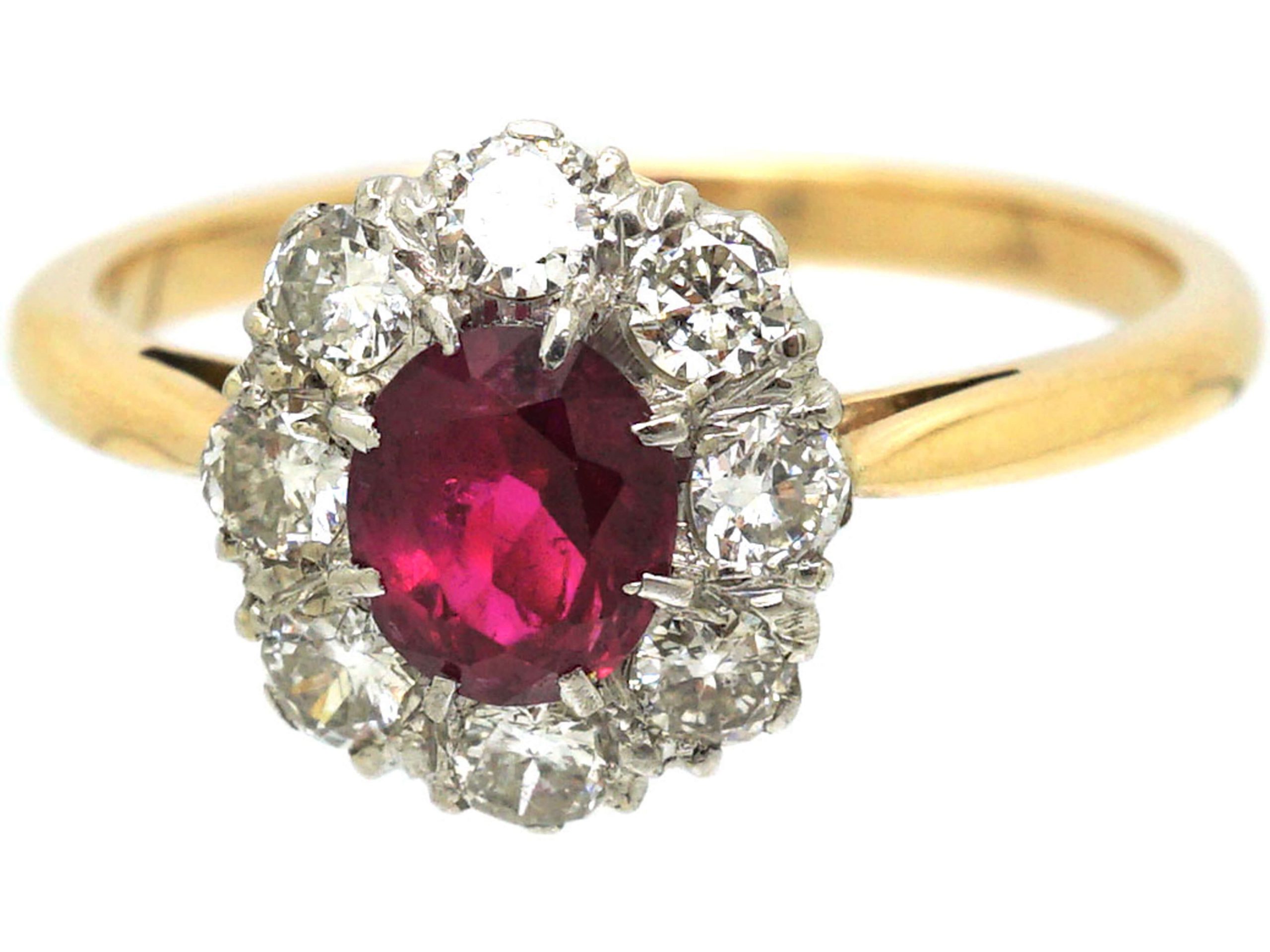 Retro 18ct Gold, Ruby & Diamond Oval Cluster Ring (510S) | The Antique Jewellery Company