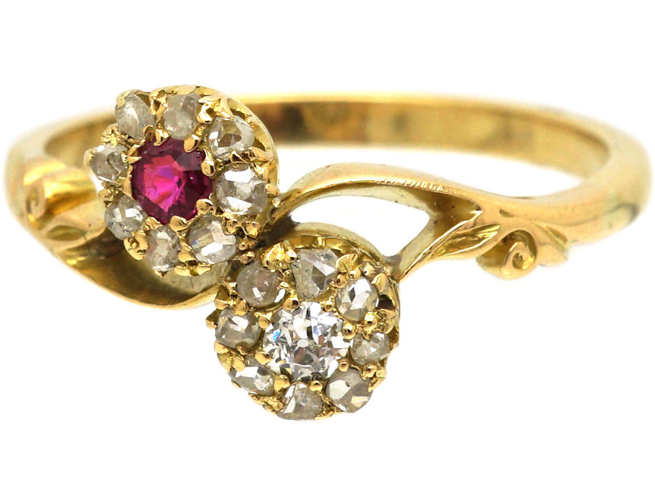 Edwardian 18ct Gold Ruby & Diamond Double Daisy Cluster Ring (523S ...