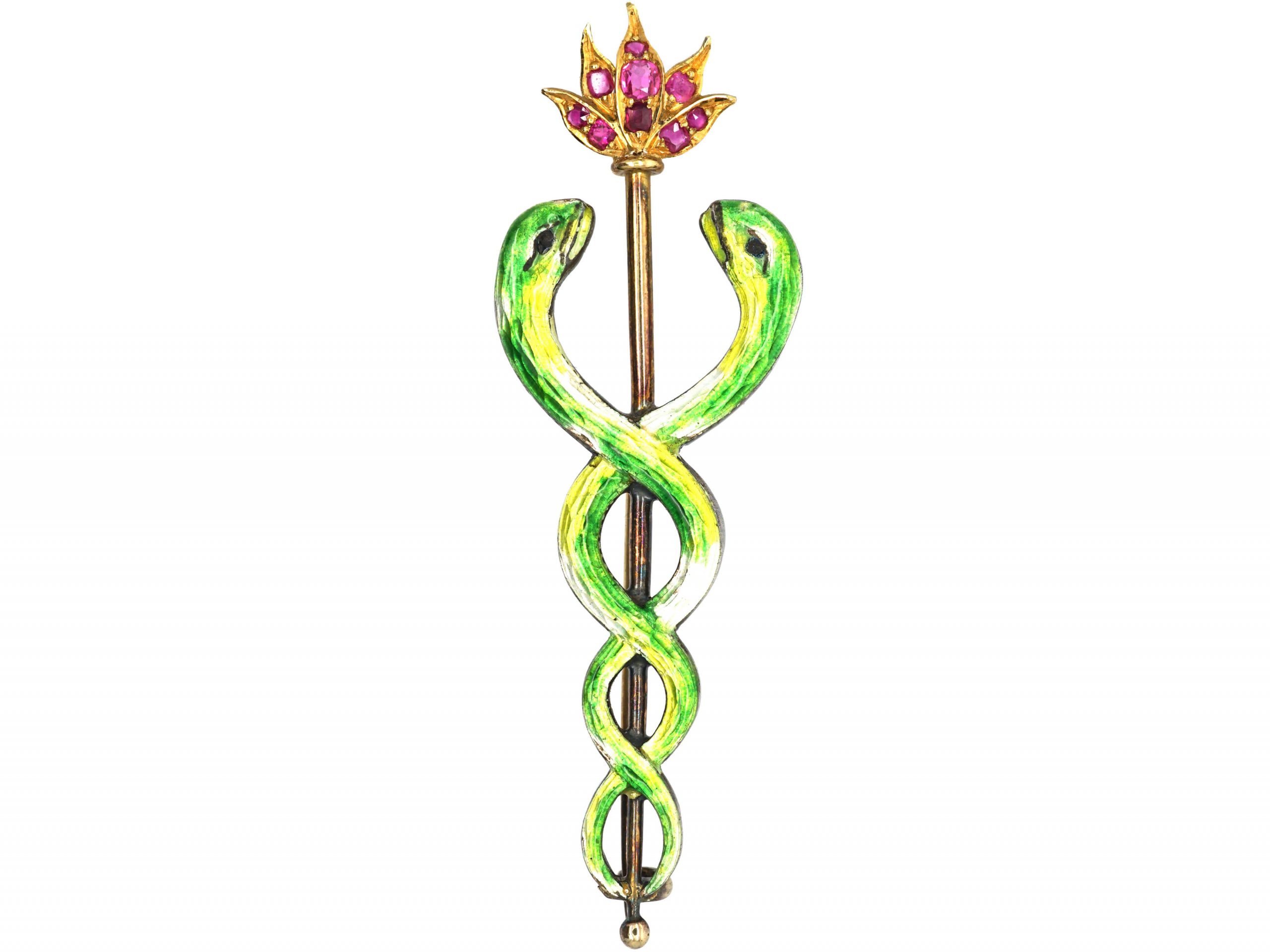 Edwardian 15ct Gold & Enamel Caduceus Brooch in Original Case (764R ...