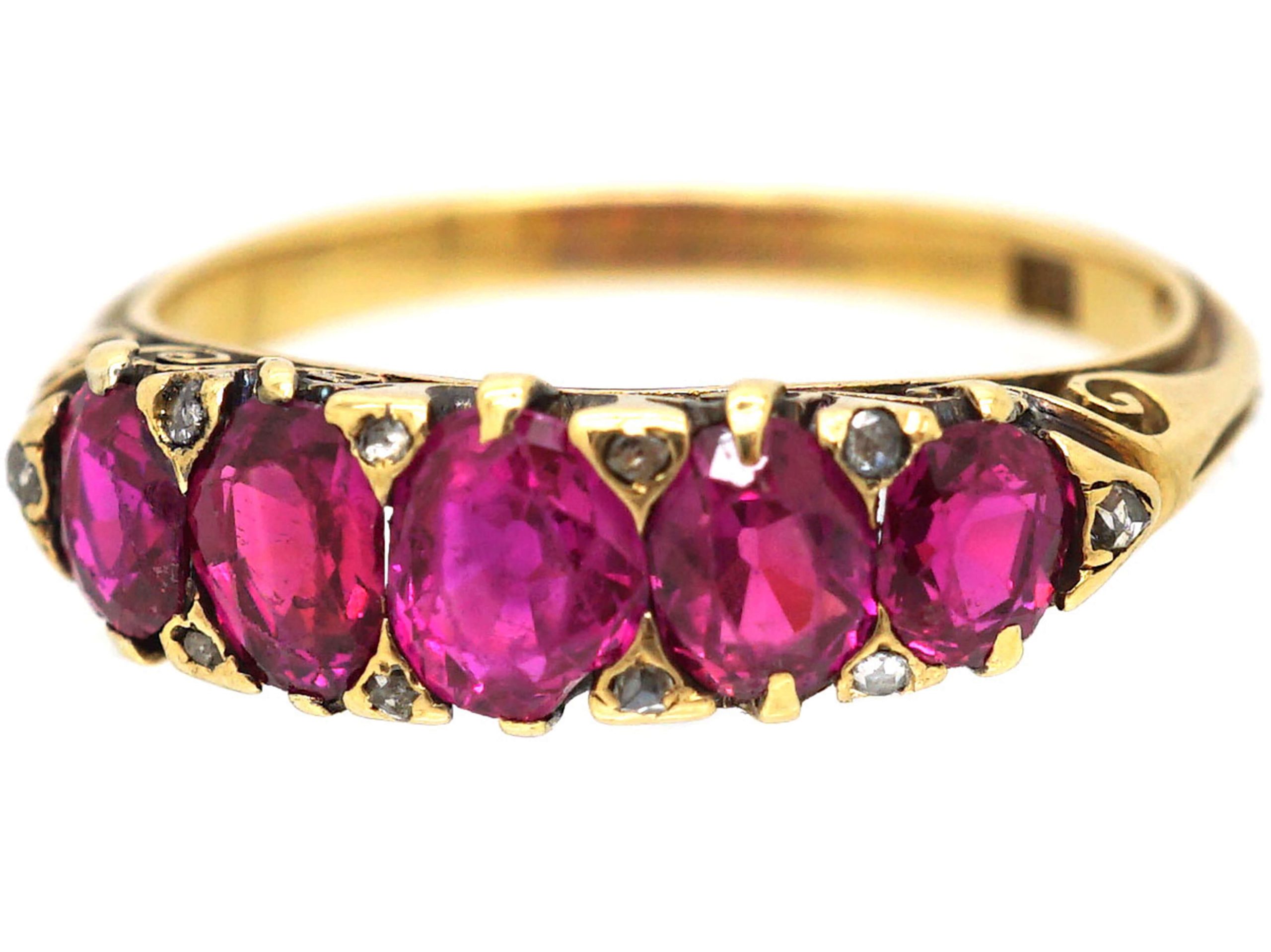 Victorian 18ct Gold, Five Stone Ruby Ring with Diamond Points (240S) | The Antique Jewellery Company