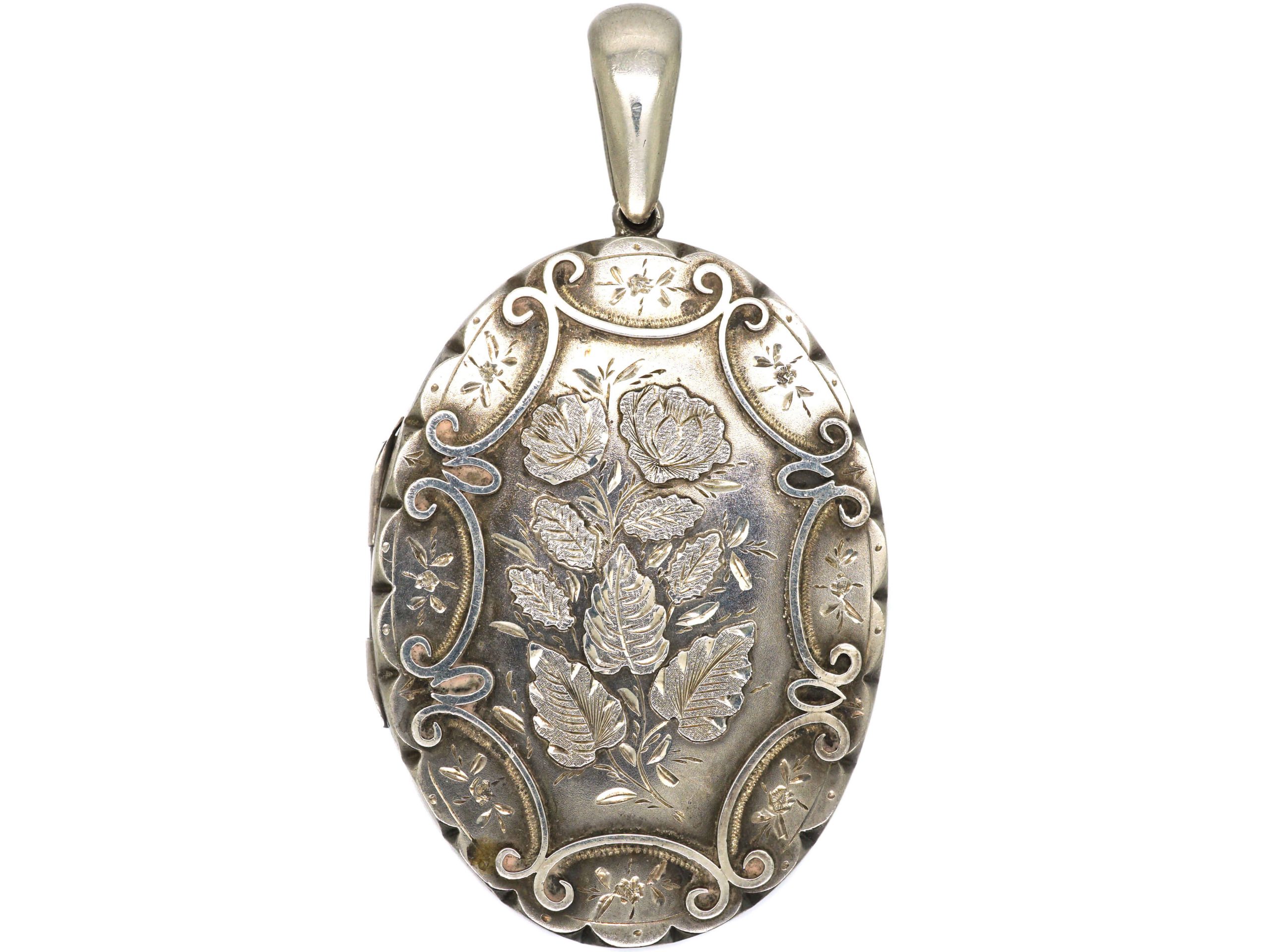 Victorian Silver Oval Locket with Roses Motif (65S) | The Antique ...