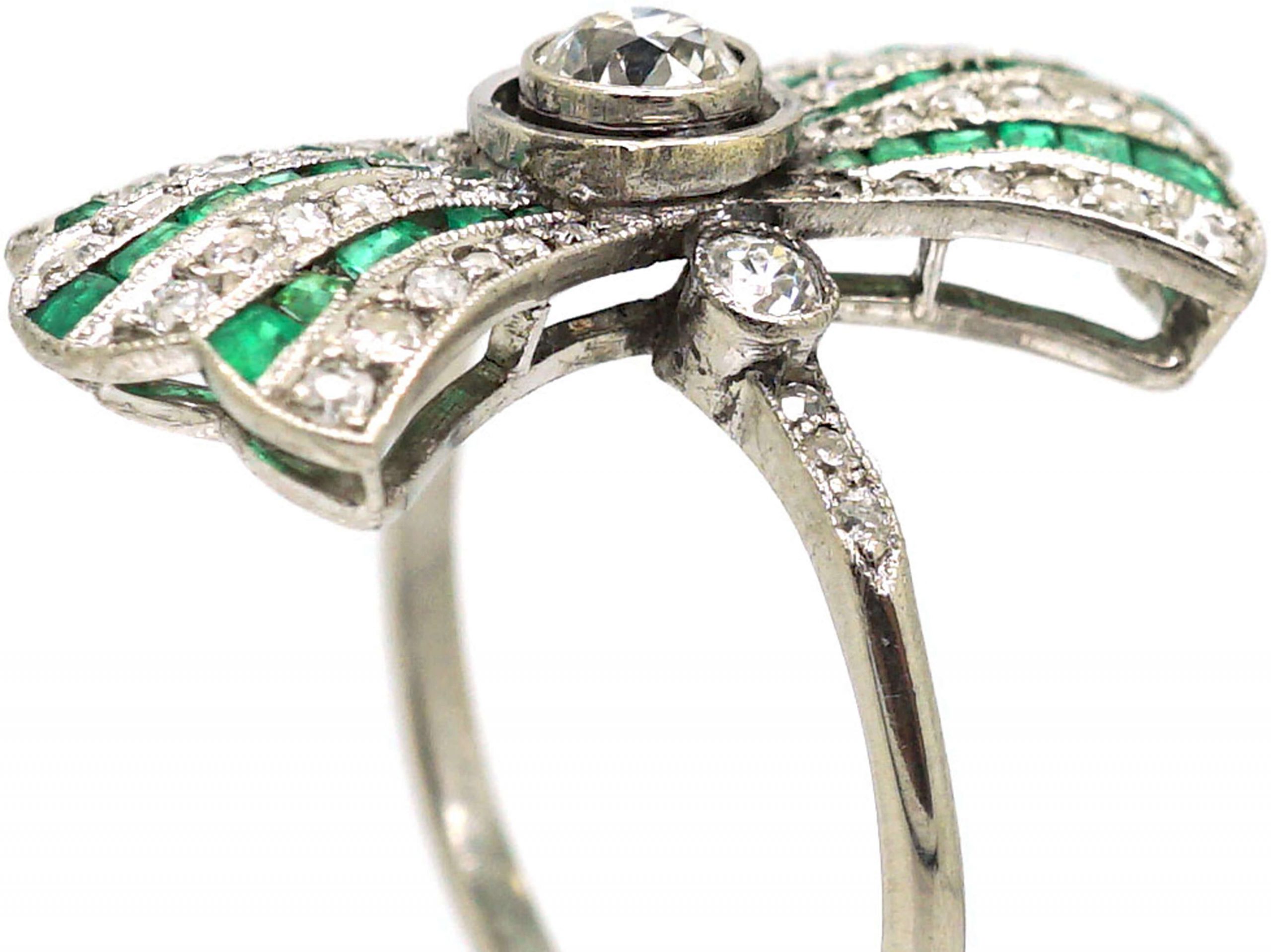 Art Deco Platinum Fan Ring set with Calibré Cut Emeralds & Diamonds ...