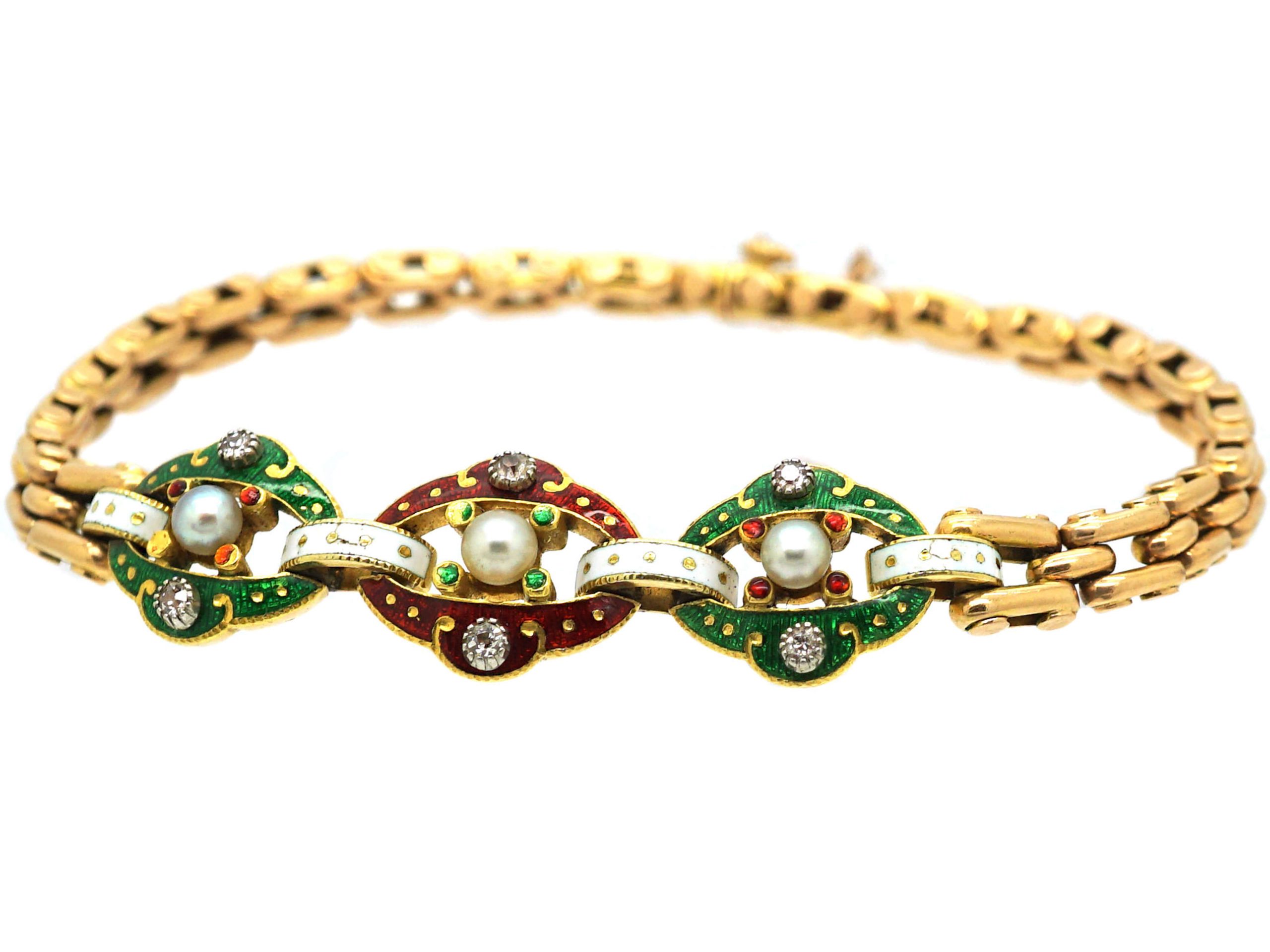 Victorian 15ct Gold, Diamond & Natural Bouton Pearl, Jubilee Enamel ...