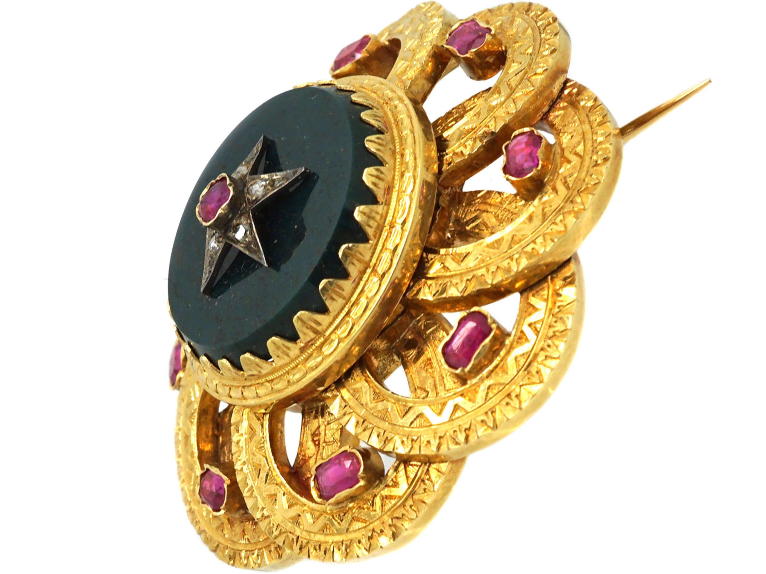 Victorian 18ct Gold, Ruby, Bloodstone & Rose Diamond Brooch in Original ...