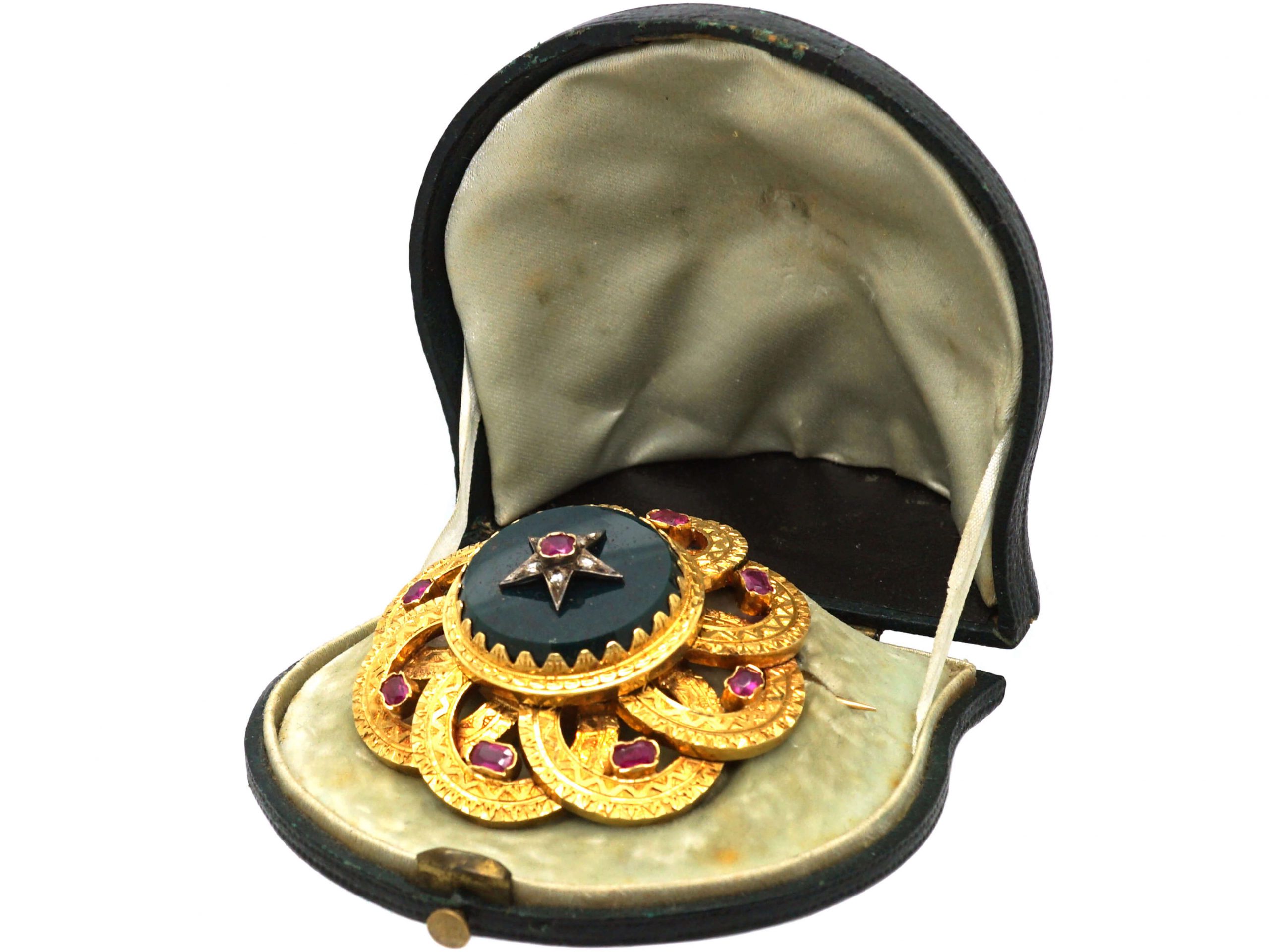 Victorian 18ct Gold, Ruby, Bloodstone & Rose Diamond Brooch in Original ...