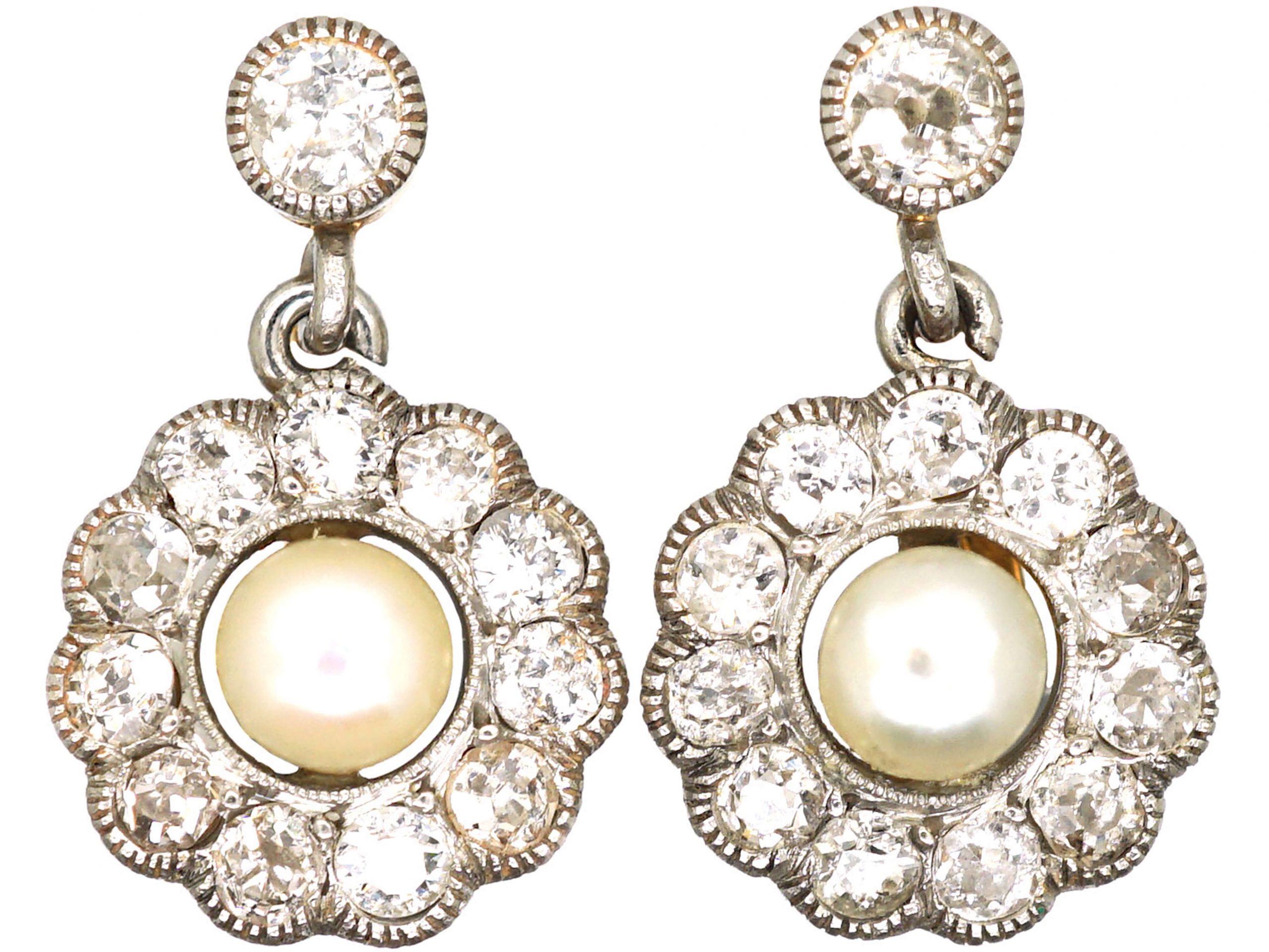 Edwardian 18ct Gold & Platinum, Natural Bouton Pearl & Diamond Cluster ...