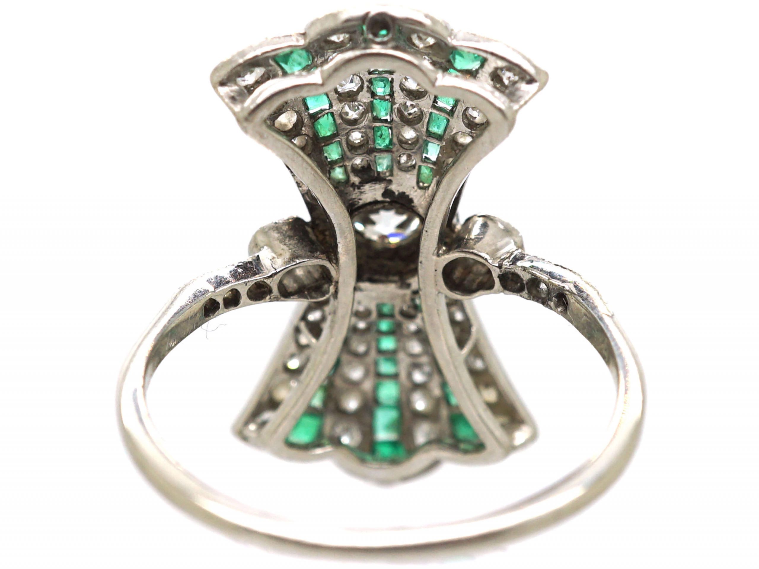 Art Deco Platinum Fan Ring set with Calibré Cut Emeralds & Diamonds ...