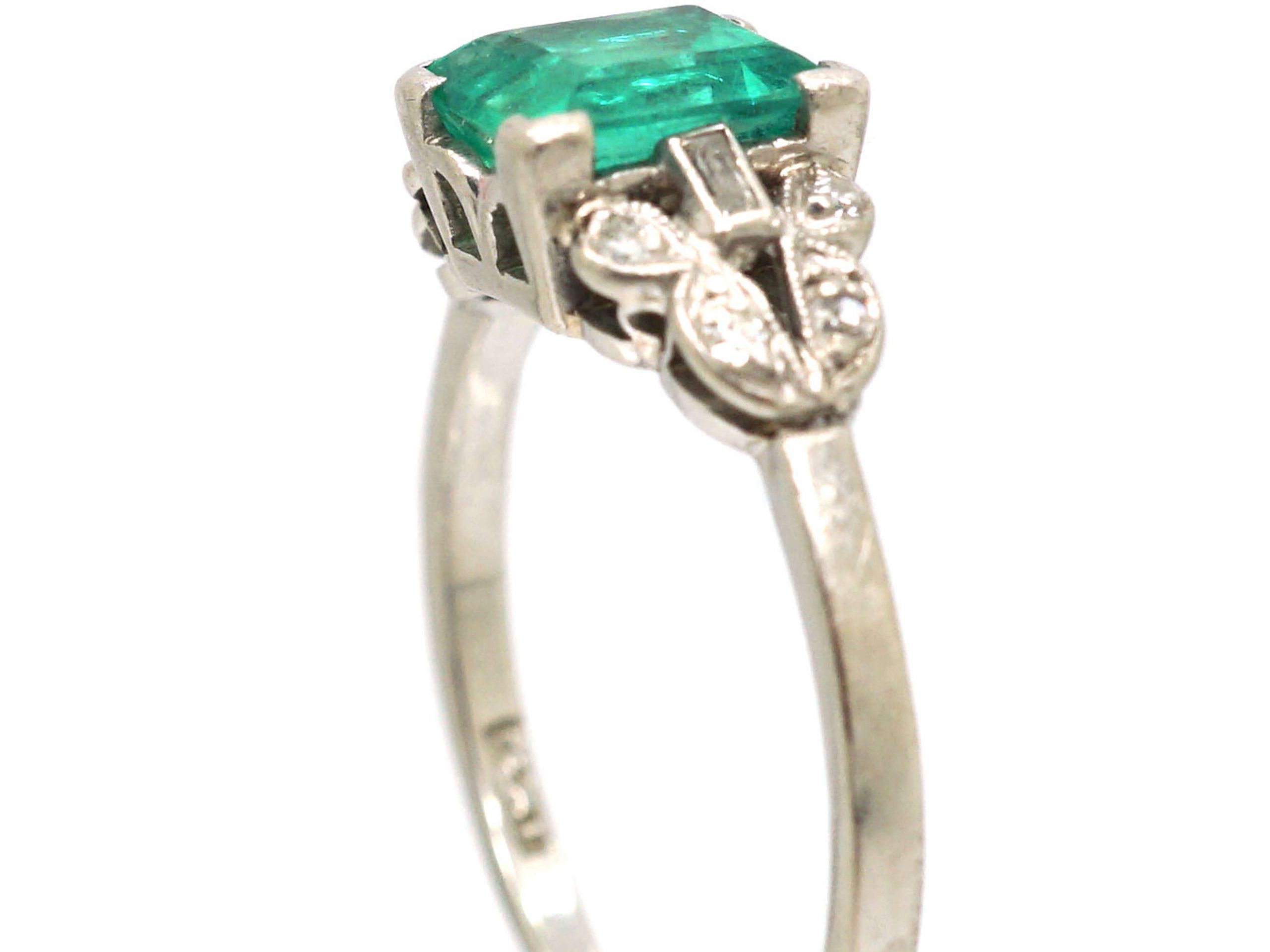 Art Deco Platinum, Rectangular Cut Emerald Ring with Diamond Set ...