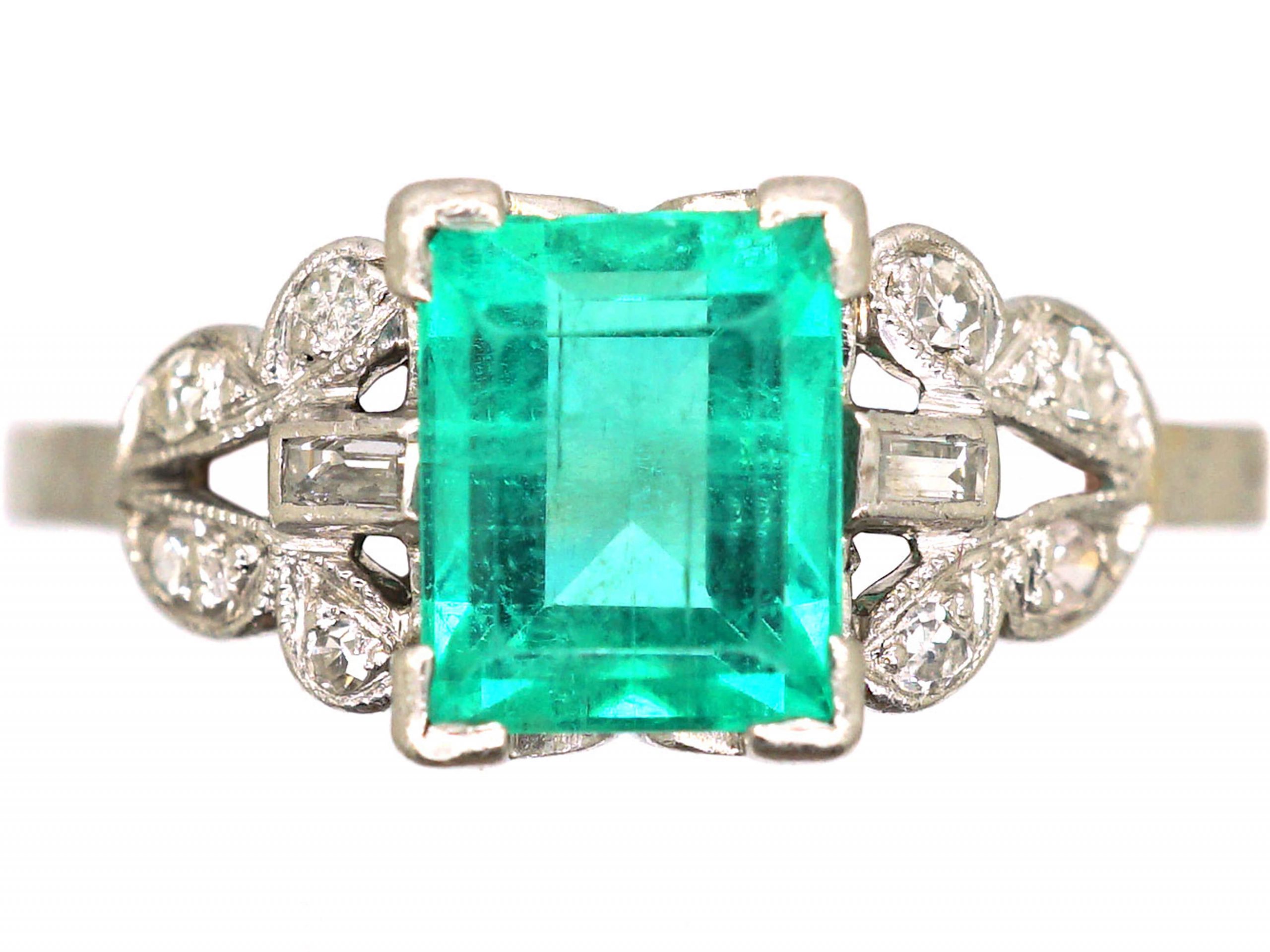 Art Deco Platinum, Rectangular Cut Emerald Ring with Diamond Set ...