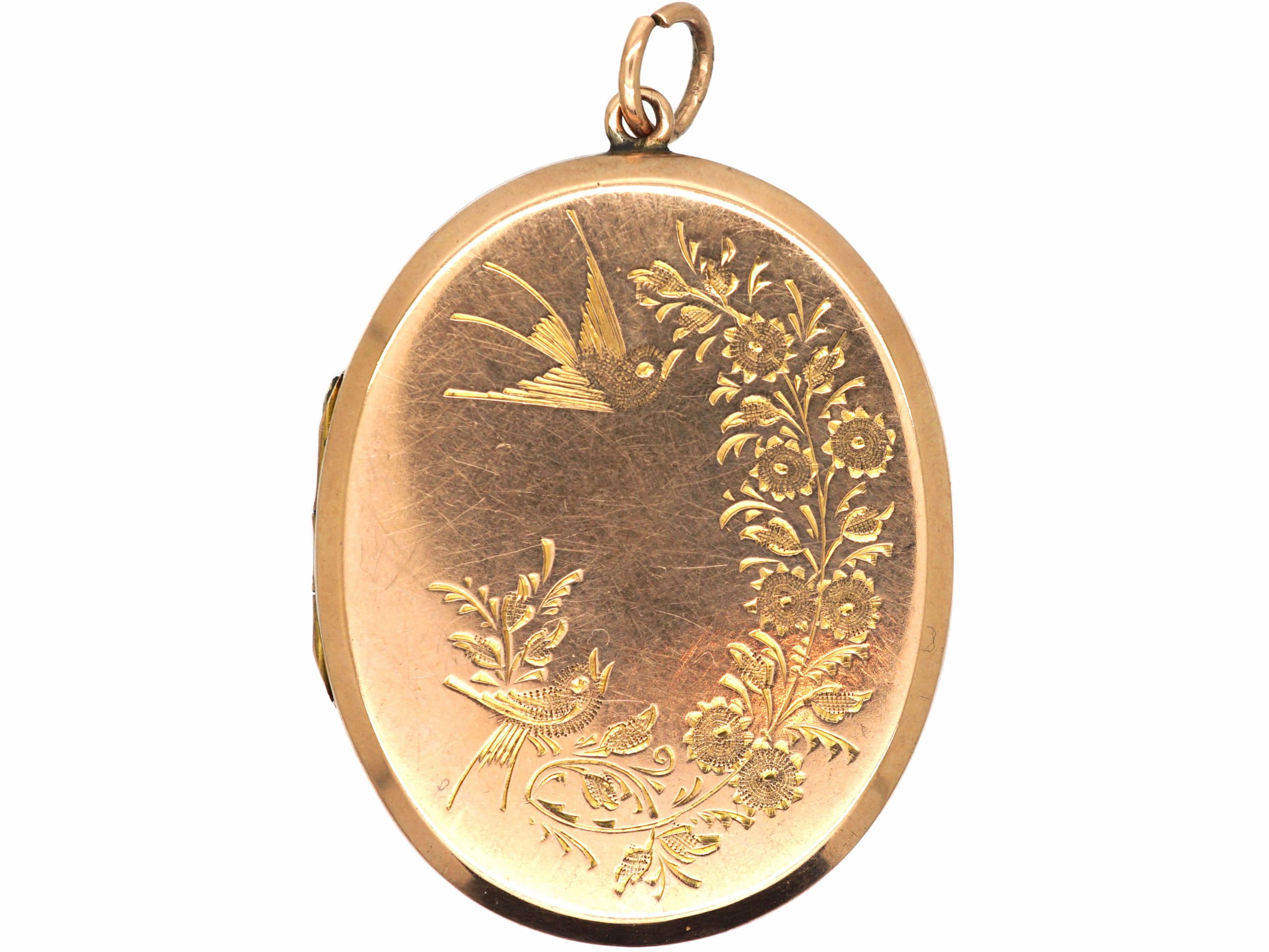 Edwardian 9ct Back & Front Oval Locket with Swallow & Rose Branch Motif ...