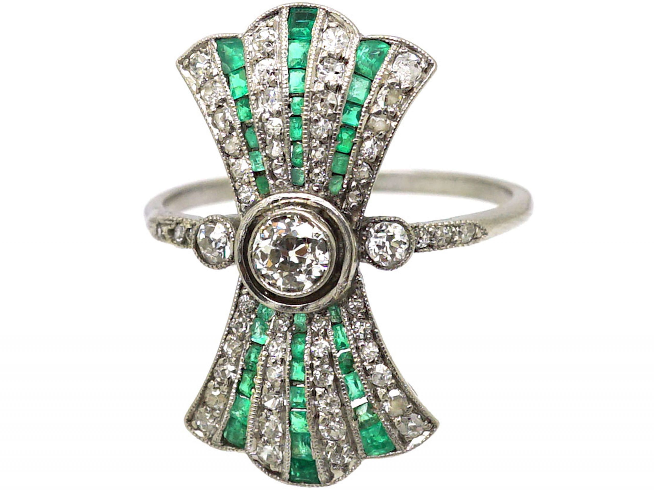 Art Deco Platinum Fan Ring set with Calibré Cut Emeralds & Diamonds ...