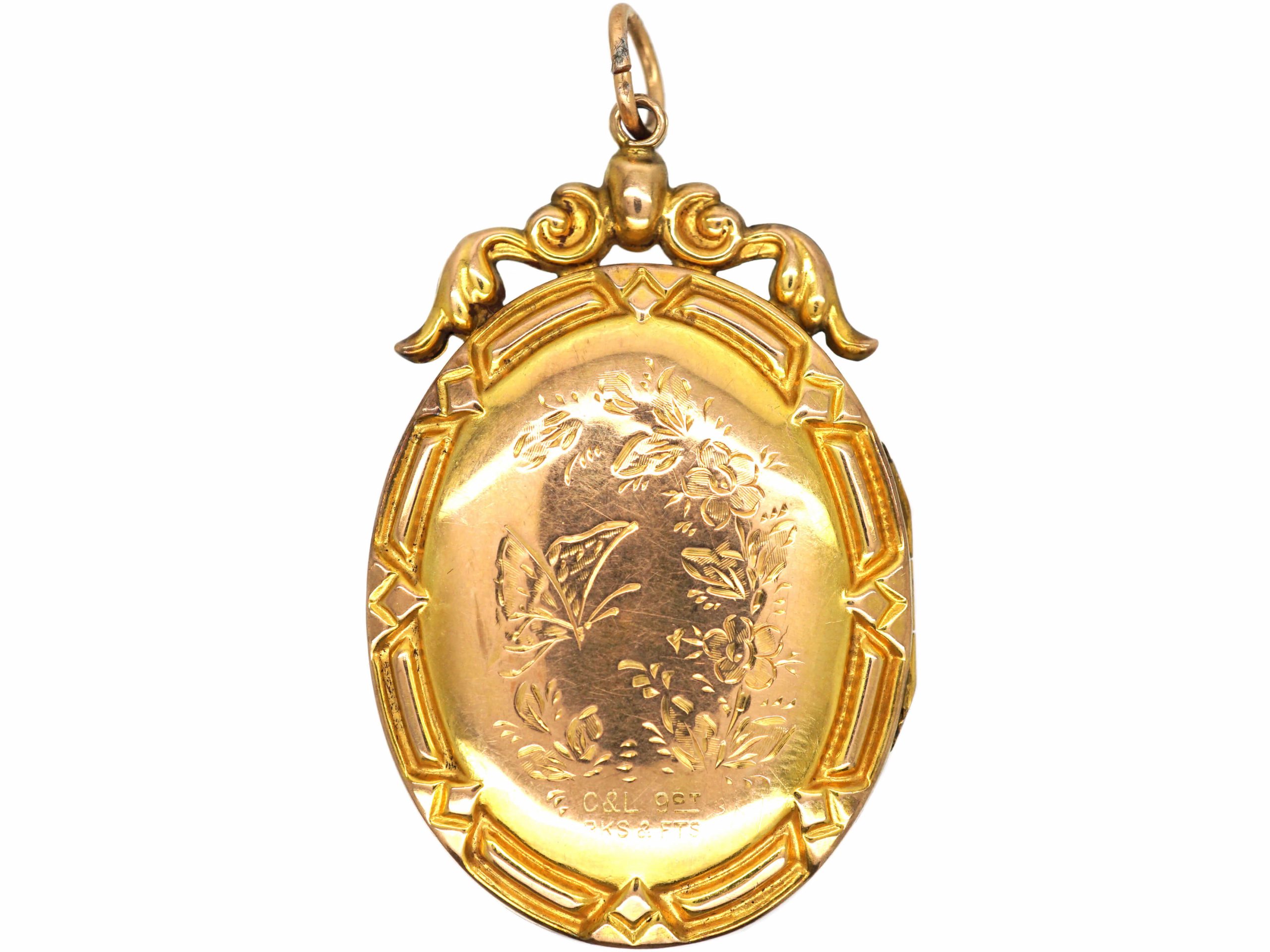 Edwardian 9ct Back & Front Large Oval Locket with Swallow Motif (613S ...