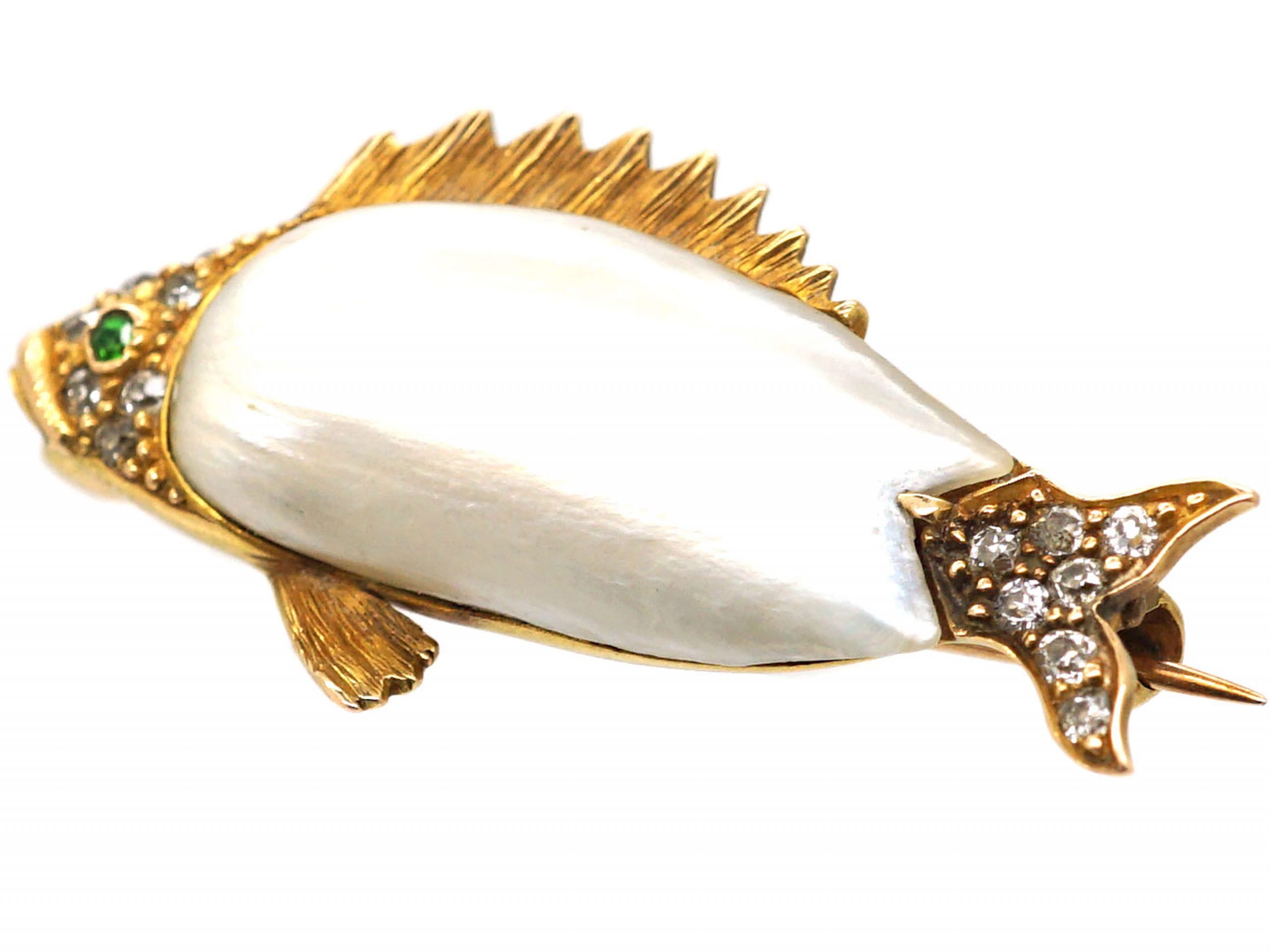 Edwardian 15ct Gold Fish Brooch set with Diamonds, Mississippi Pearl ...