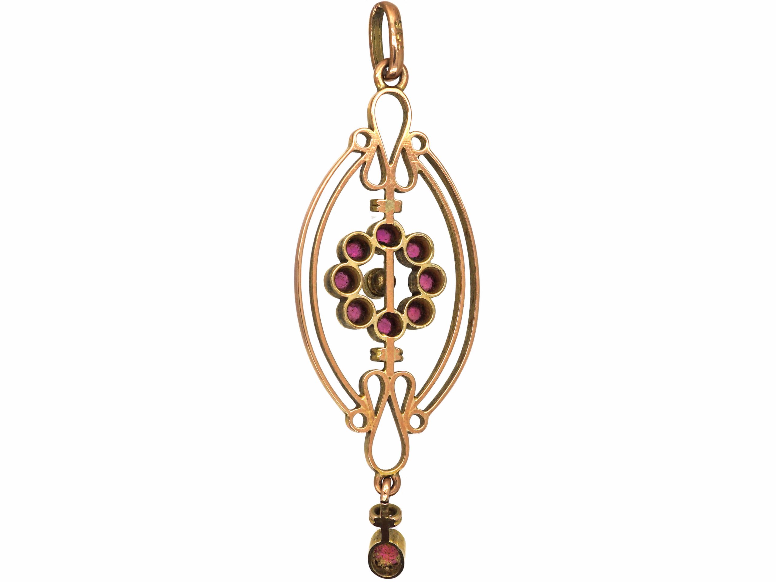 Edwardian 9ct Gold Pendant set with a Circle of Rubies, Natural Split ...