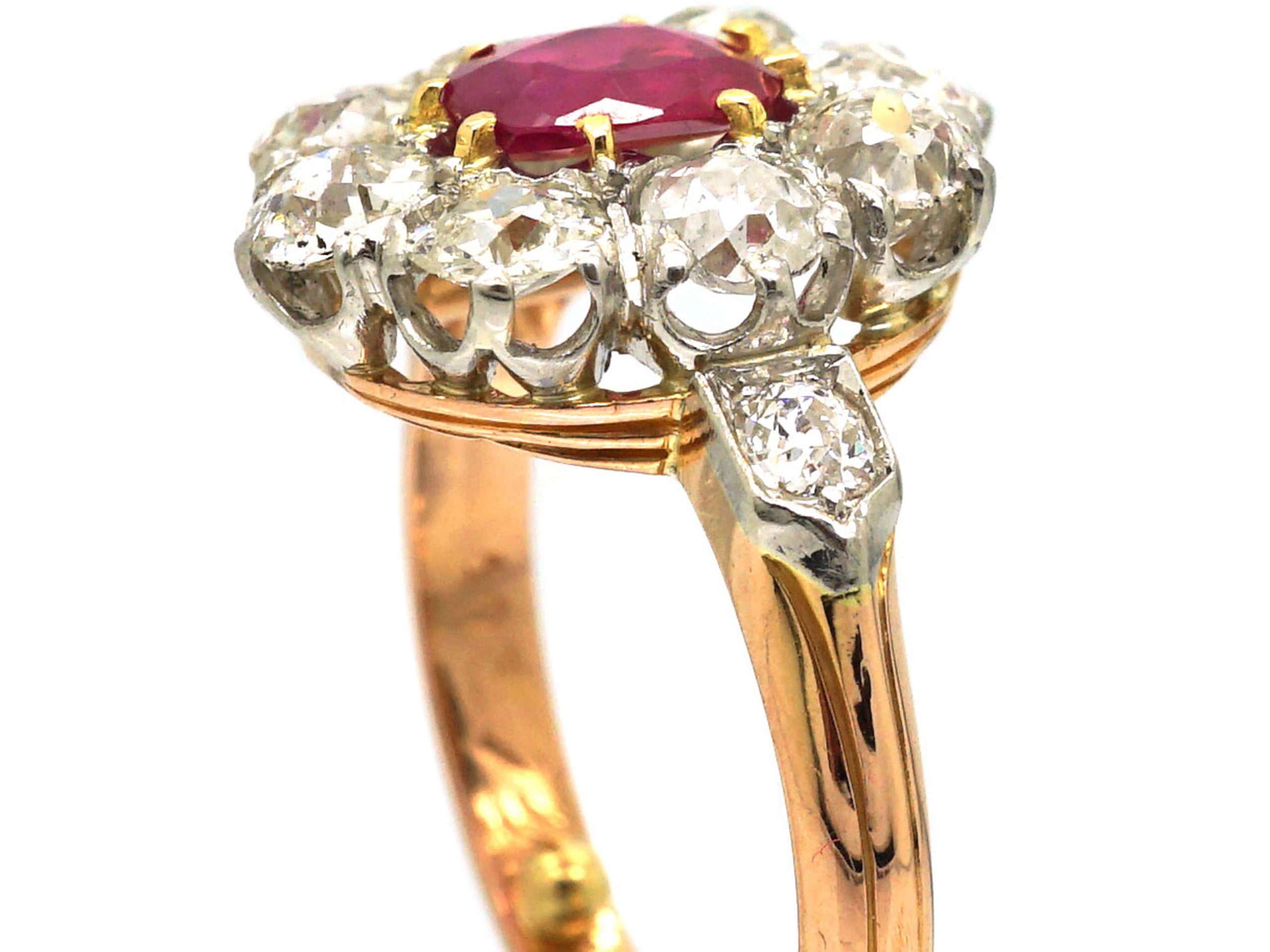French Belle Epoque 18ct Gold, Burma Ruby & Diamond Cluster Ring with Diamond Set Shoulders ...