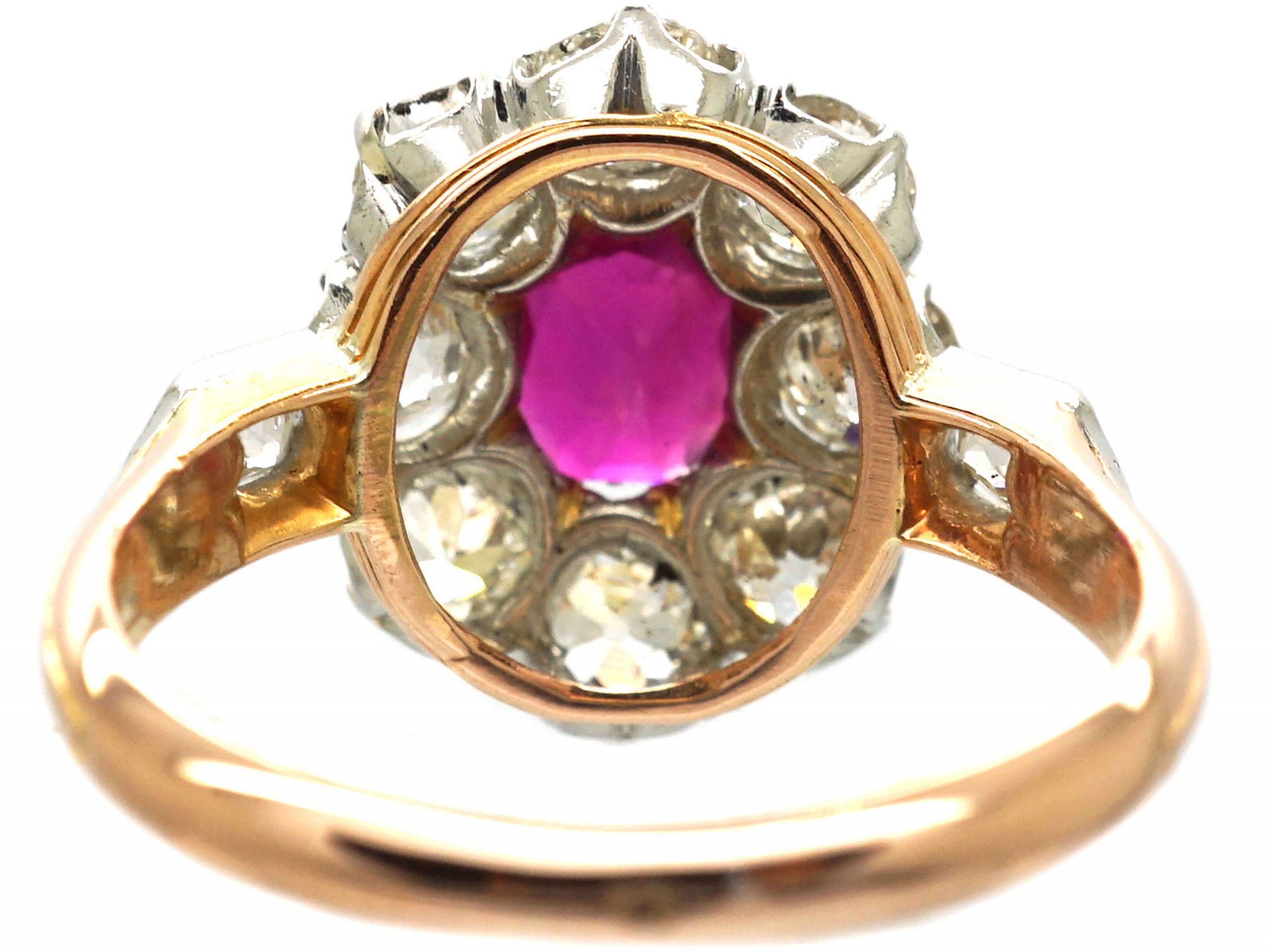 French Belle Epoque 18ct Gold, Burma Ruby & Diamond Cluster Ring with Diamond Set Shoulders ...