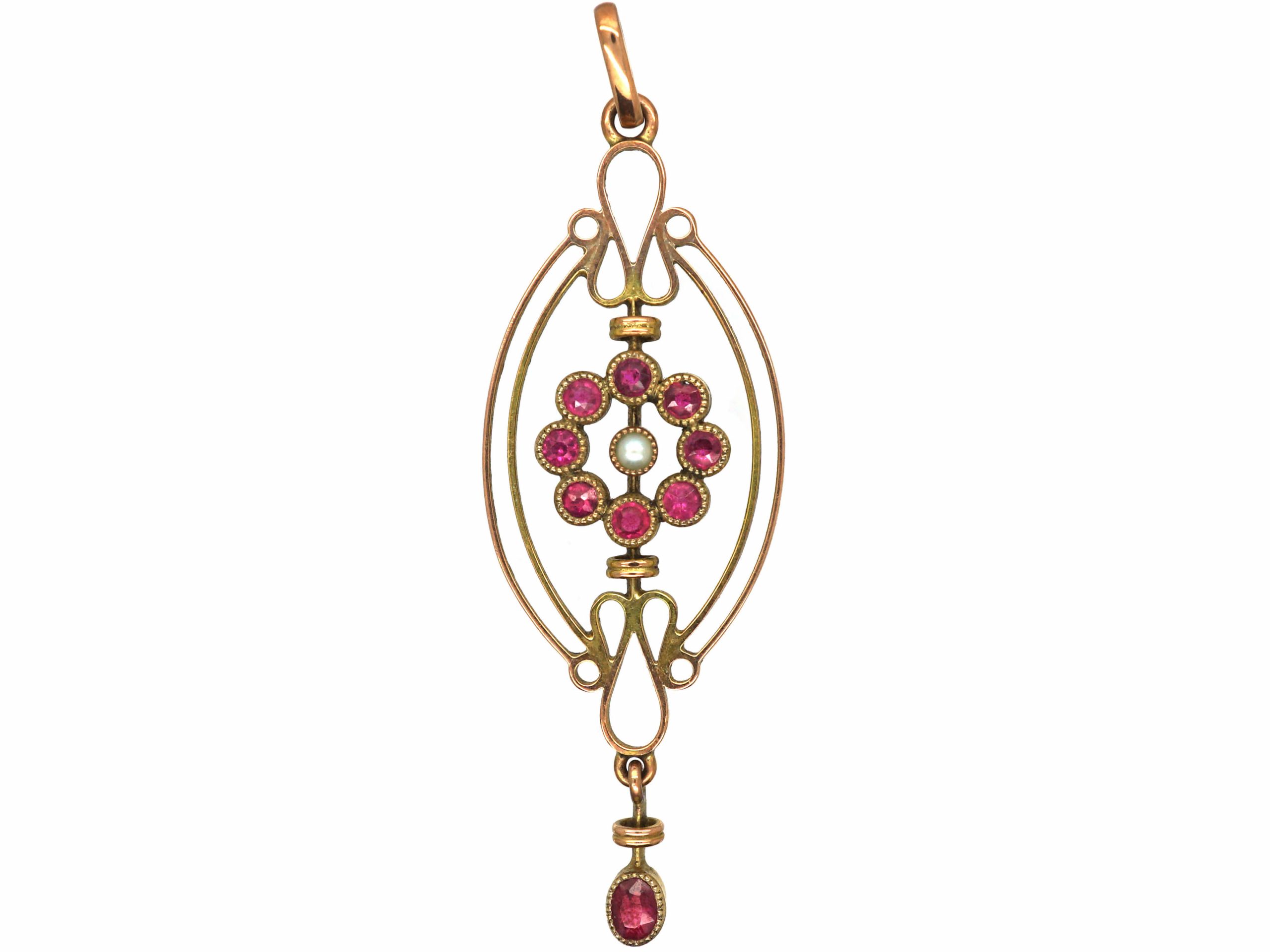 Edwardian 9ct Gold Pendant set with a Circle of Rubies, Natural Split ...