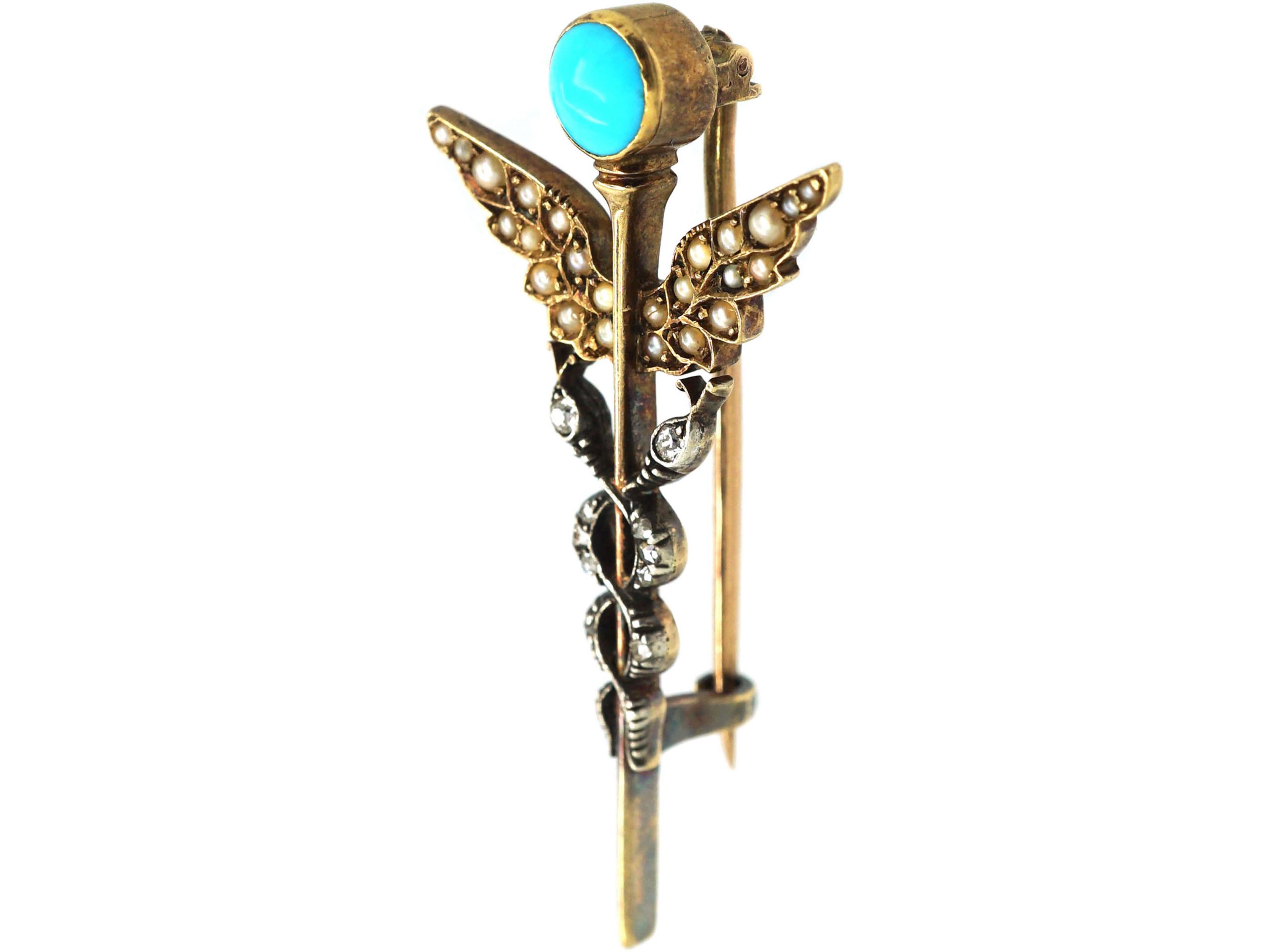 Edwardian 15ct Gold & Silver Caduceus Brooch set with Rose Diamonds ...