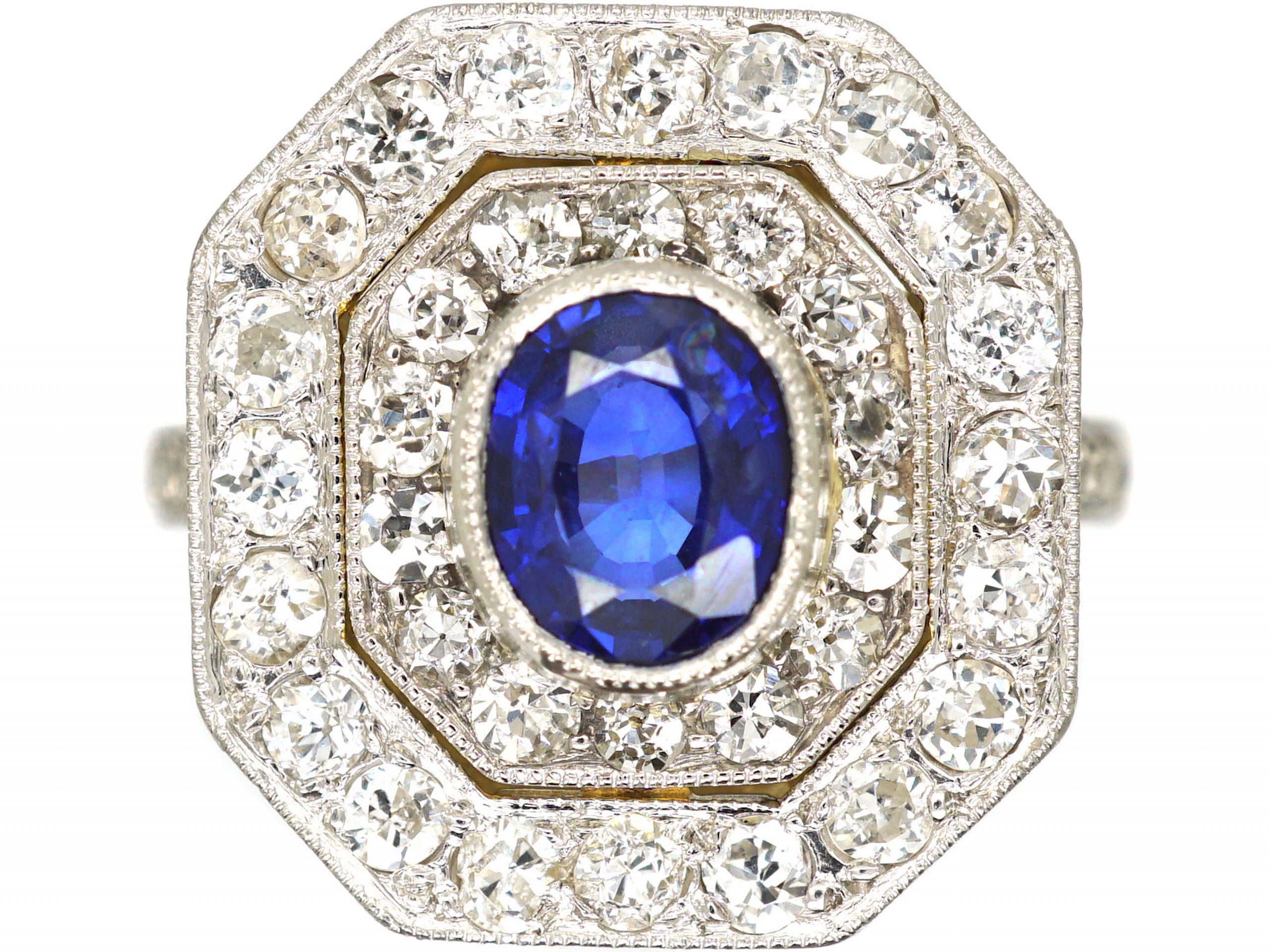Art Deco 18ct Gold & Platinum, Sapphire & Diamond Octagonal Shaped Ring ...