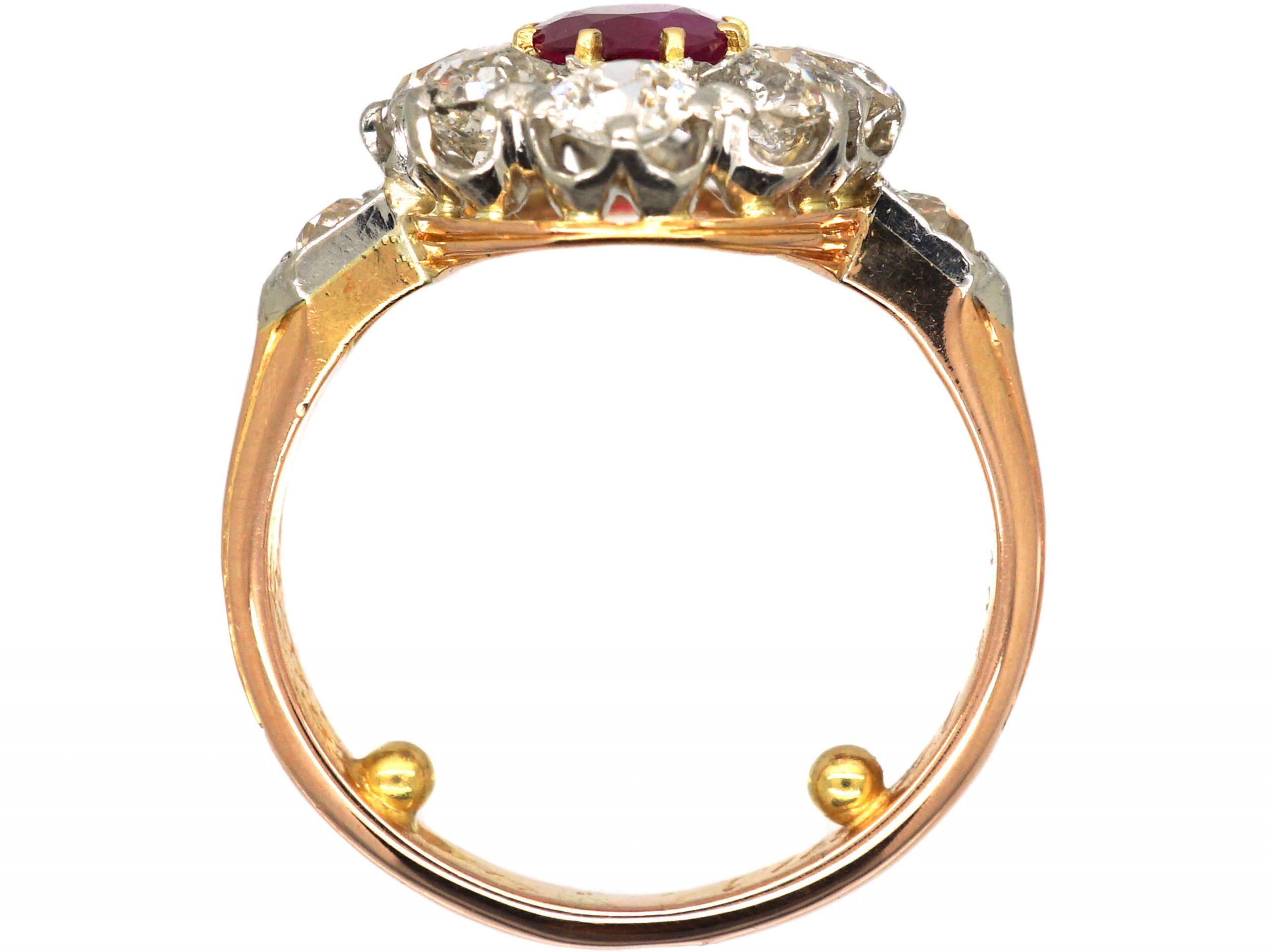 French Belle Epoque 18ct Gold, Burma Ruby & Diamond Cluster Ring with Diamond Set Shoulders ...