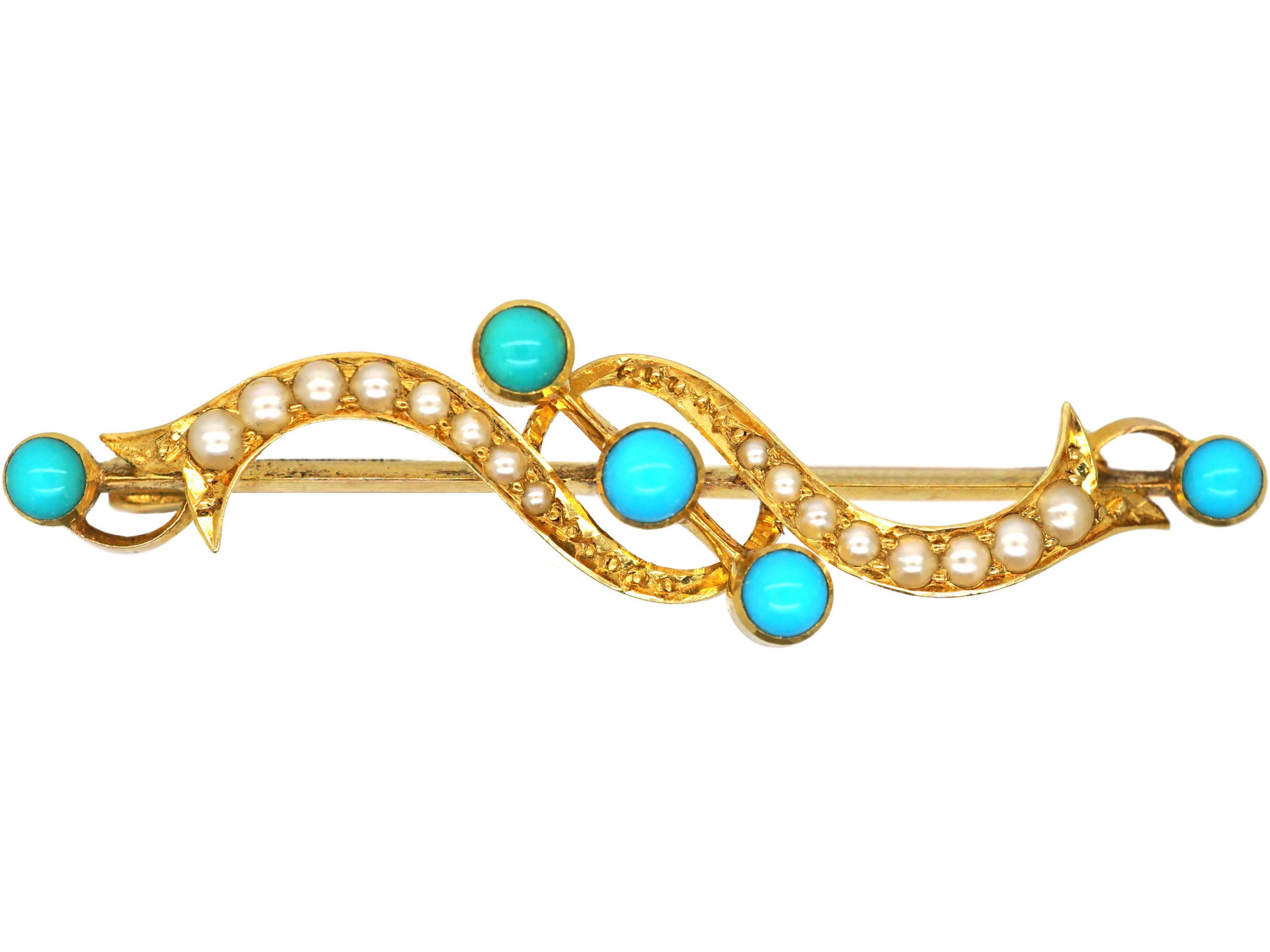 Edwardian 15ct Gold Turquoise & Natural Split Pearl Brooch (766S) | The ...