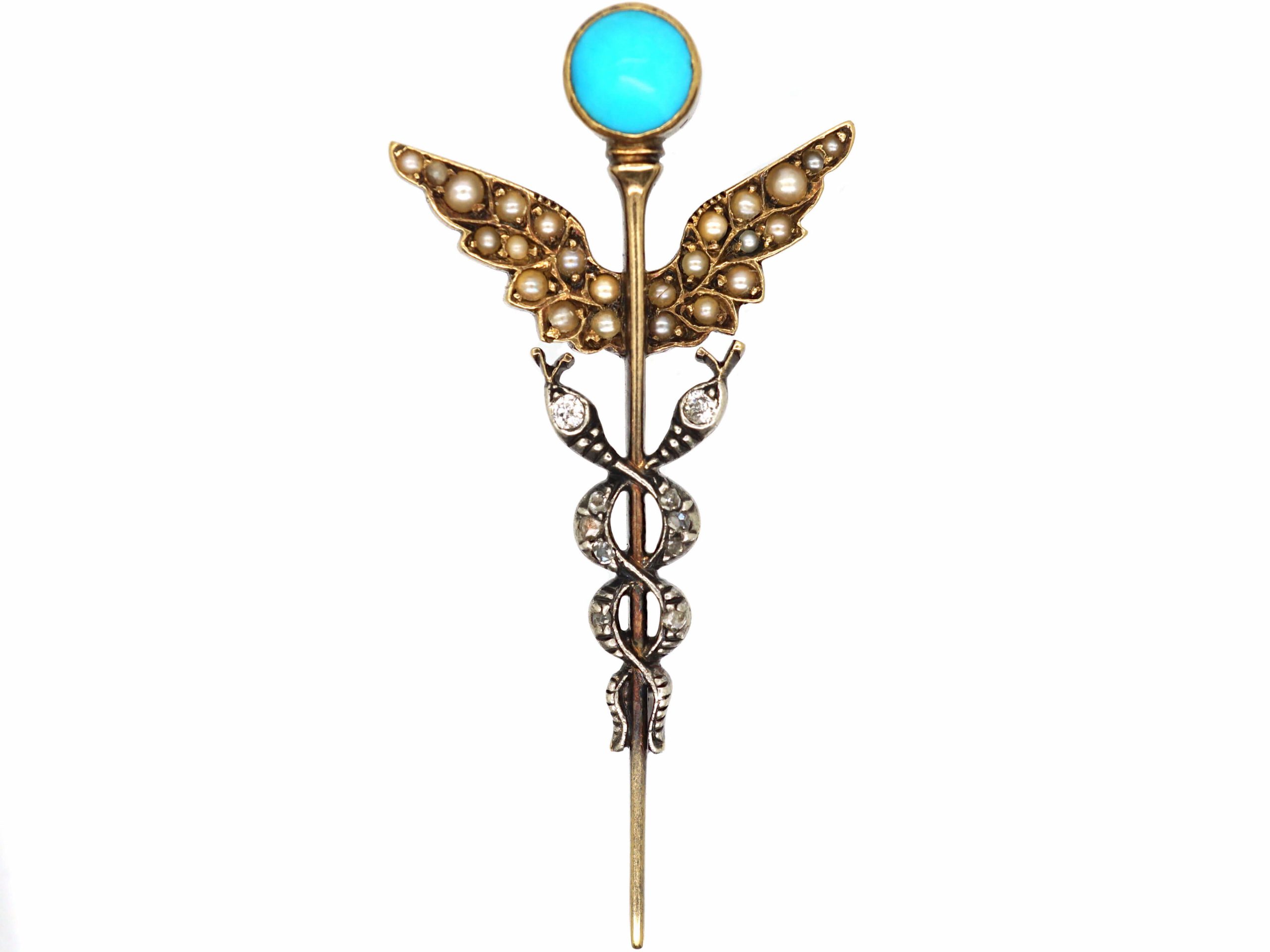 Edwardian 15ct Gold & Silver Caduceus Brooch set with Rose Diamonds ...
