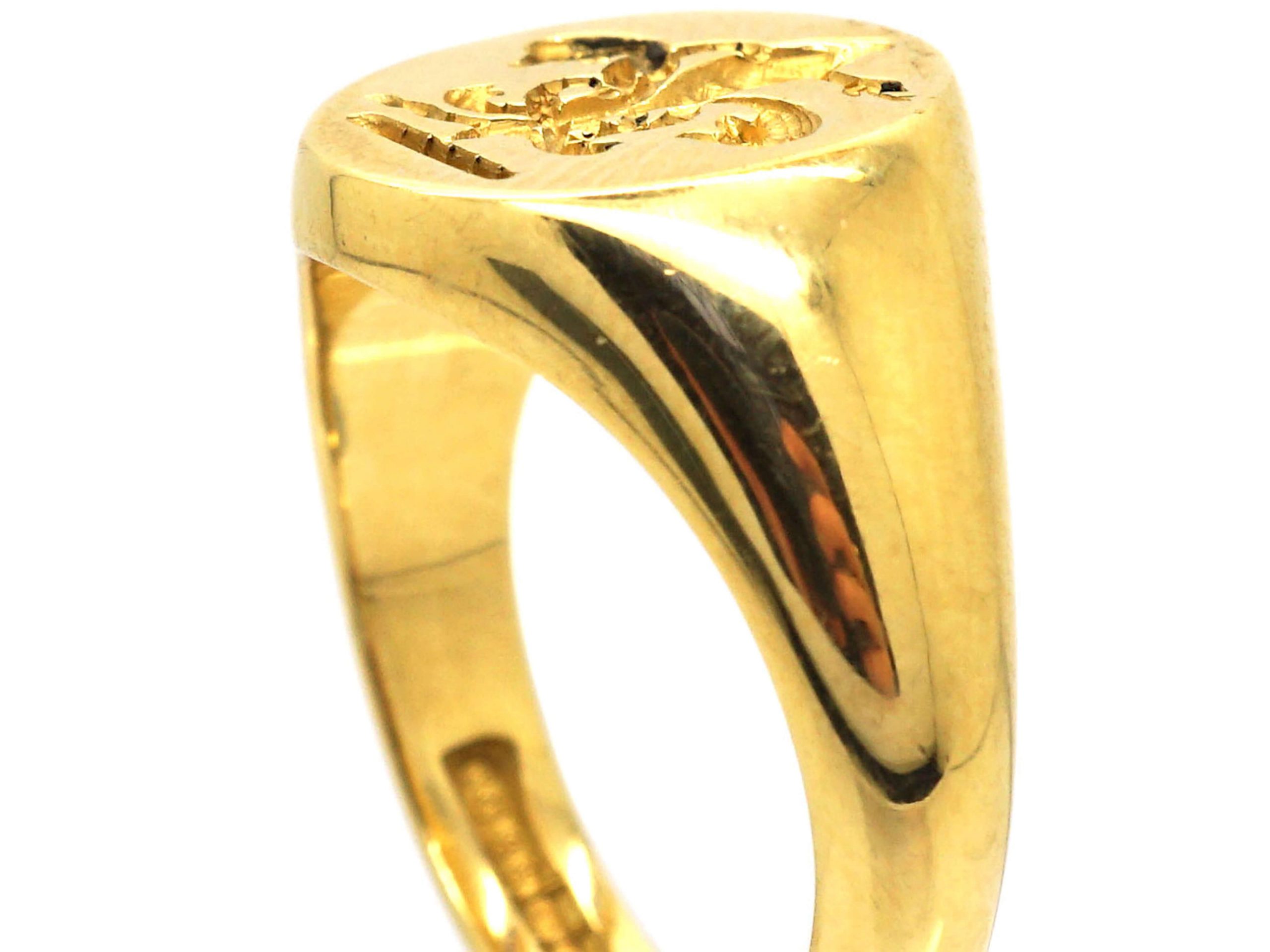18ct Gold Signet Ring Engraved with a Fleur de Lys & Snake Entwined by ...