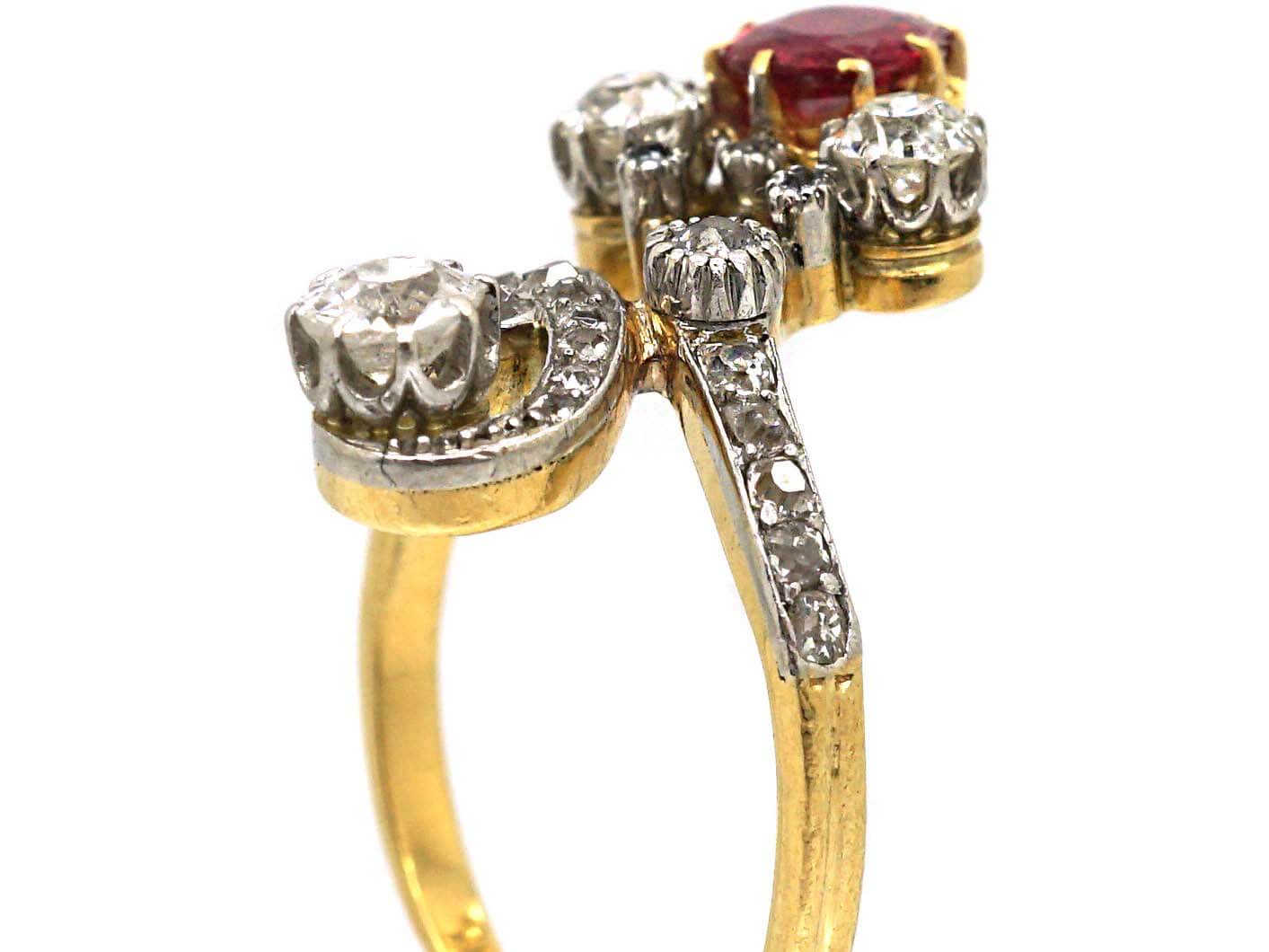Art Nouveau 18ct Gold & Platinum, Diamond & Ruby Crossover Ring (852S ...