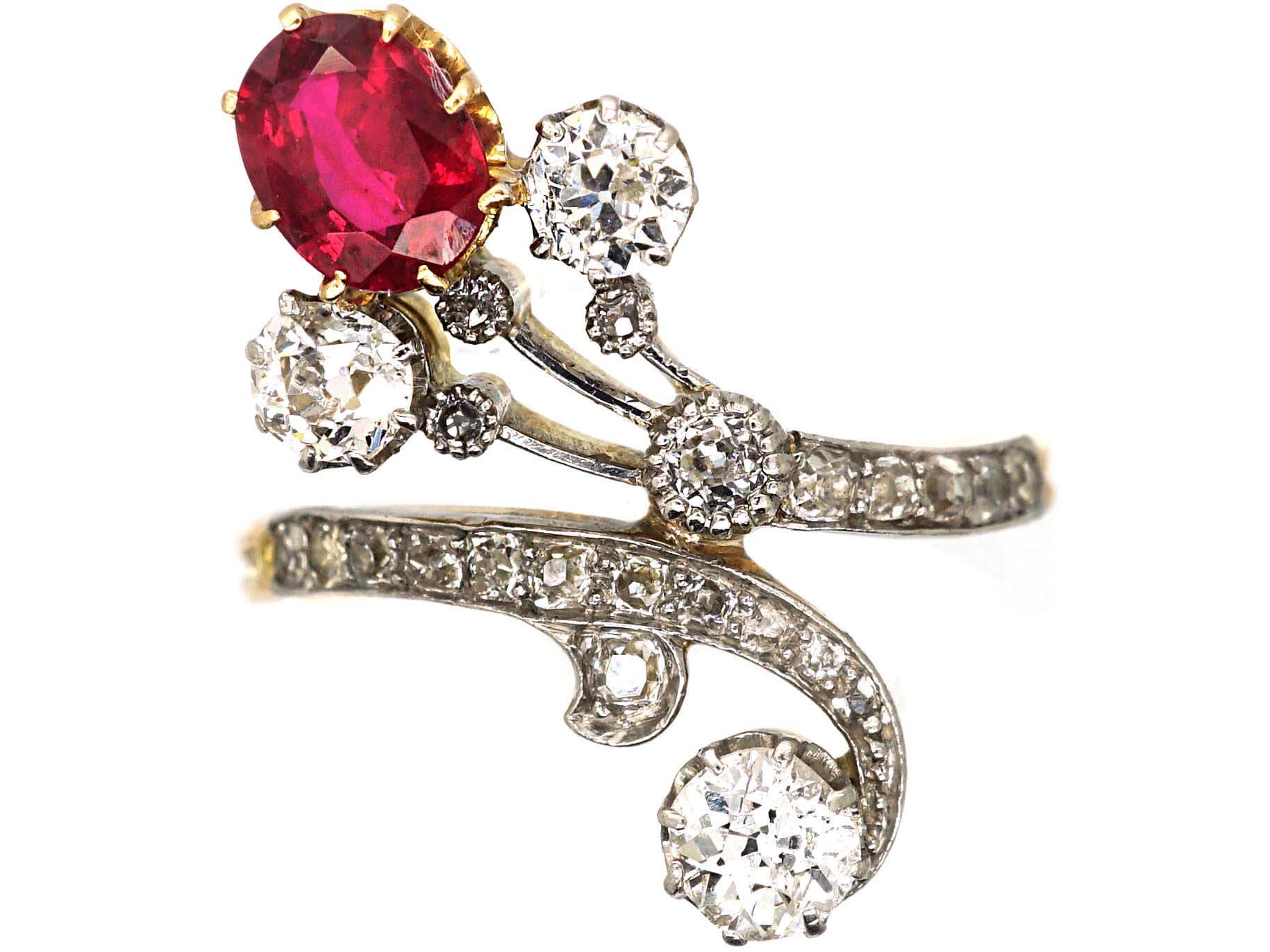 Art Nouveau 18ct Gold & Platinum, Diamond & Ruby Crossover Ring (852S ...