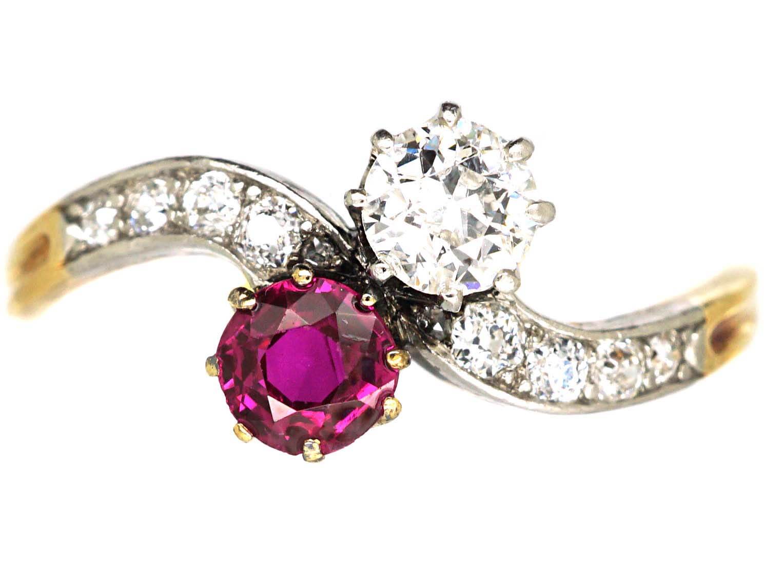 Edwardian 18ct Gold & Platinum, Diamond & Ruby Crossover Ring (847S ...